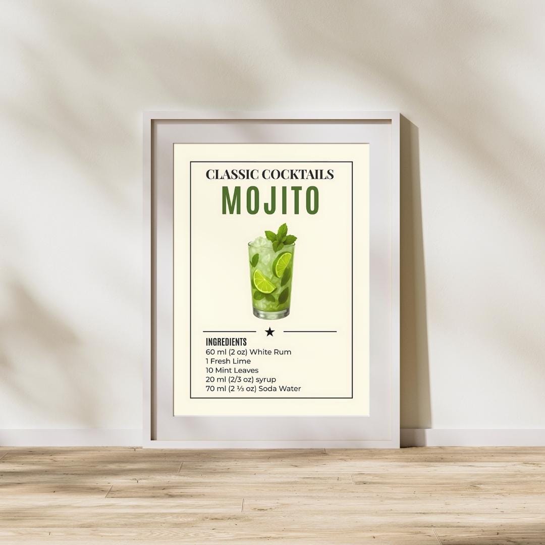 Mojito Cocktail Wall Art Print – Classic Drink Recipe Poster, Kitchen ...