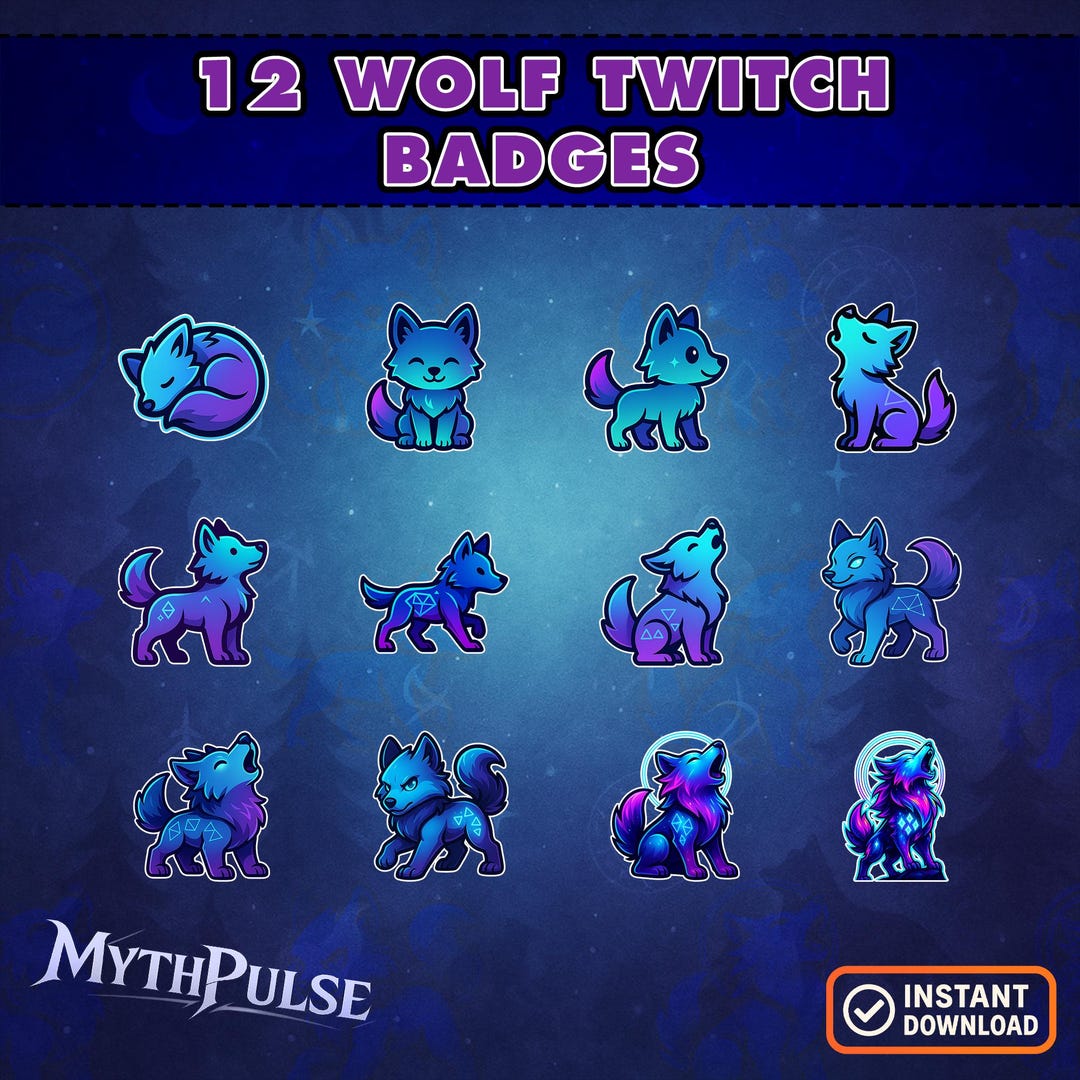 12 Wolf Twitch Sub & Bit Badges – Mystic Blue-purple Wolf Pack – Cute ...