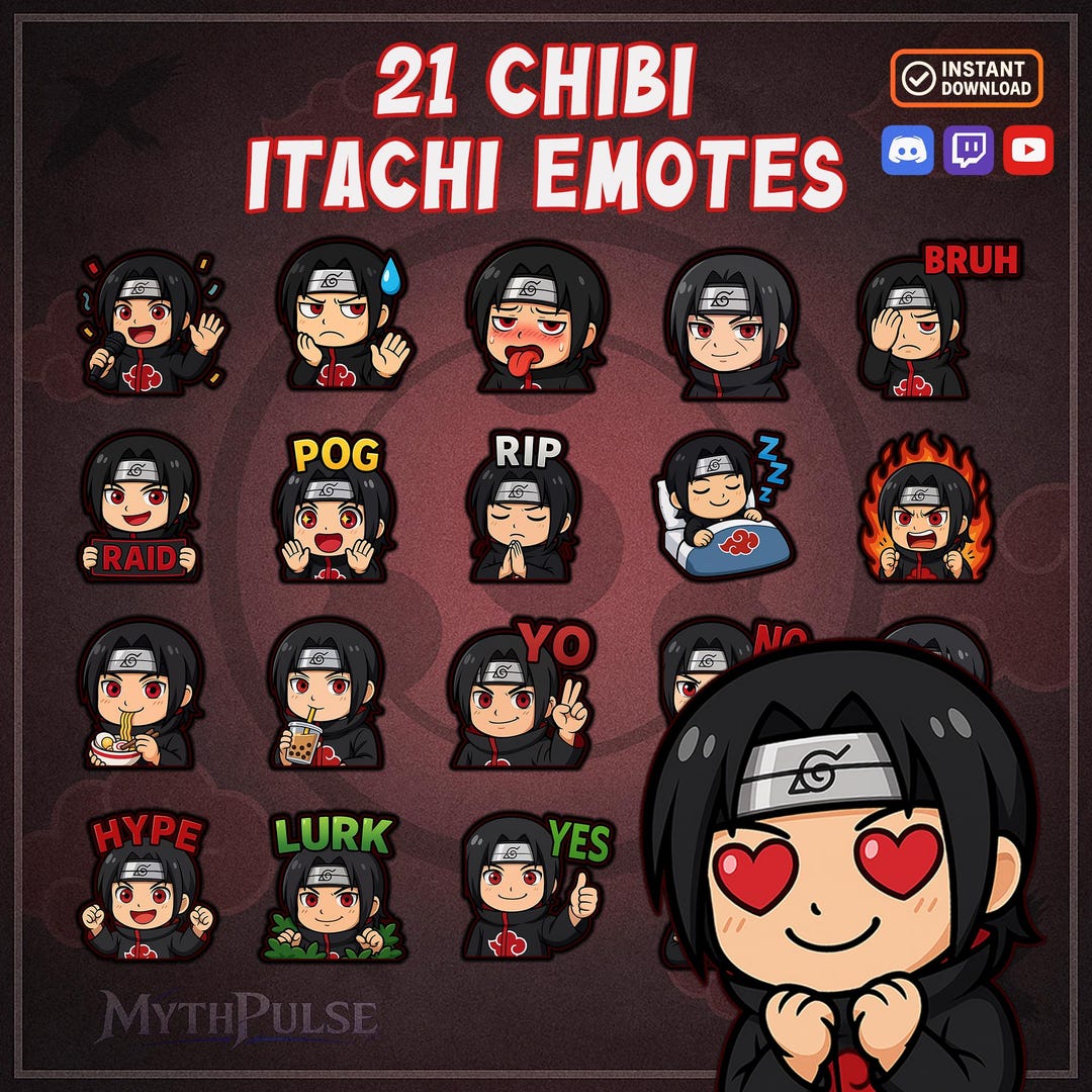 Pacote de Emotes Chibi do Itachi – 21 Emotes PNG para Twitch e Discord ...