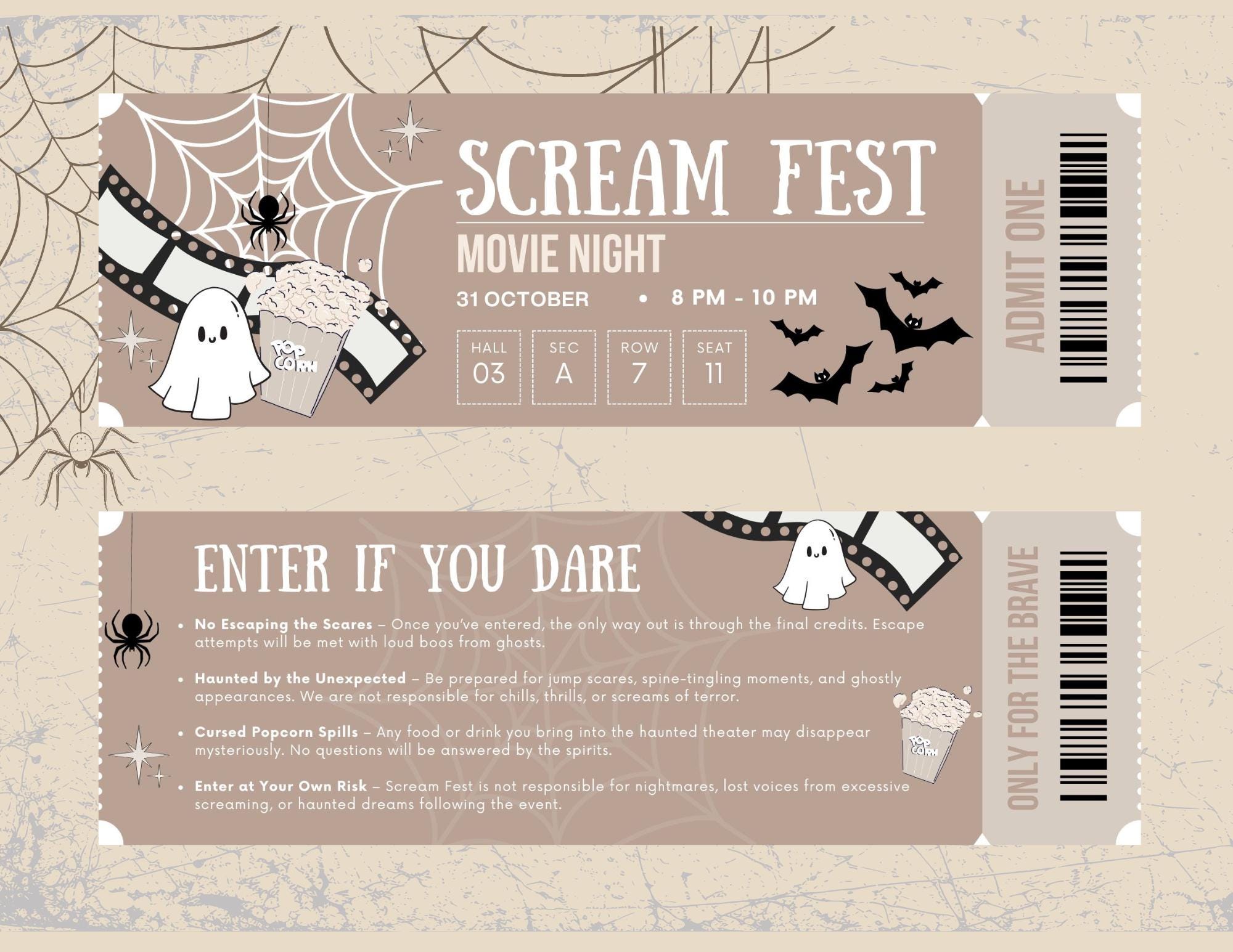 Halloween Movie Ticket Template | Editable Canva Template | Spooky ...
