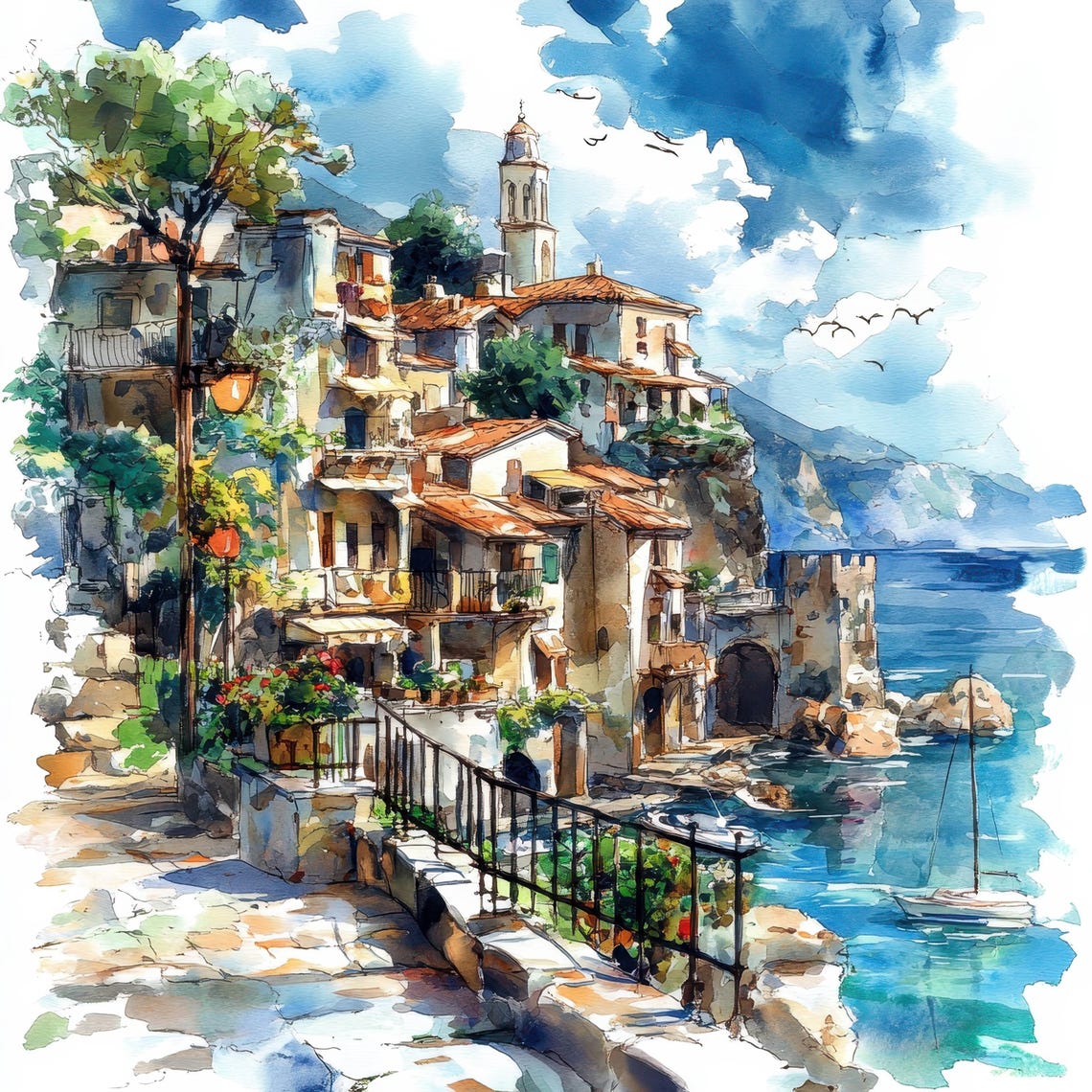 10 Old Lake Town Clipart, Printable Watercolor Clipart, Paper Craft ...