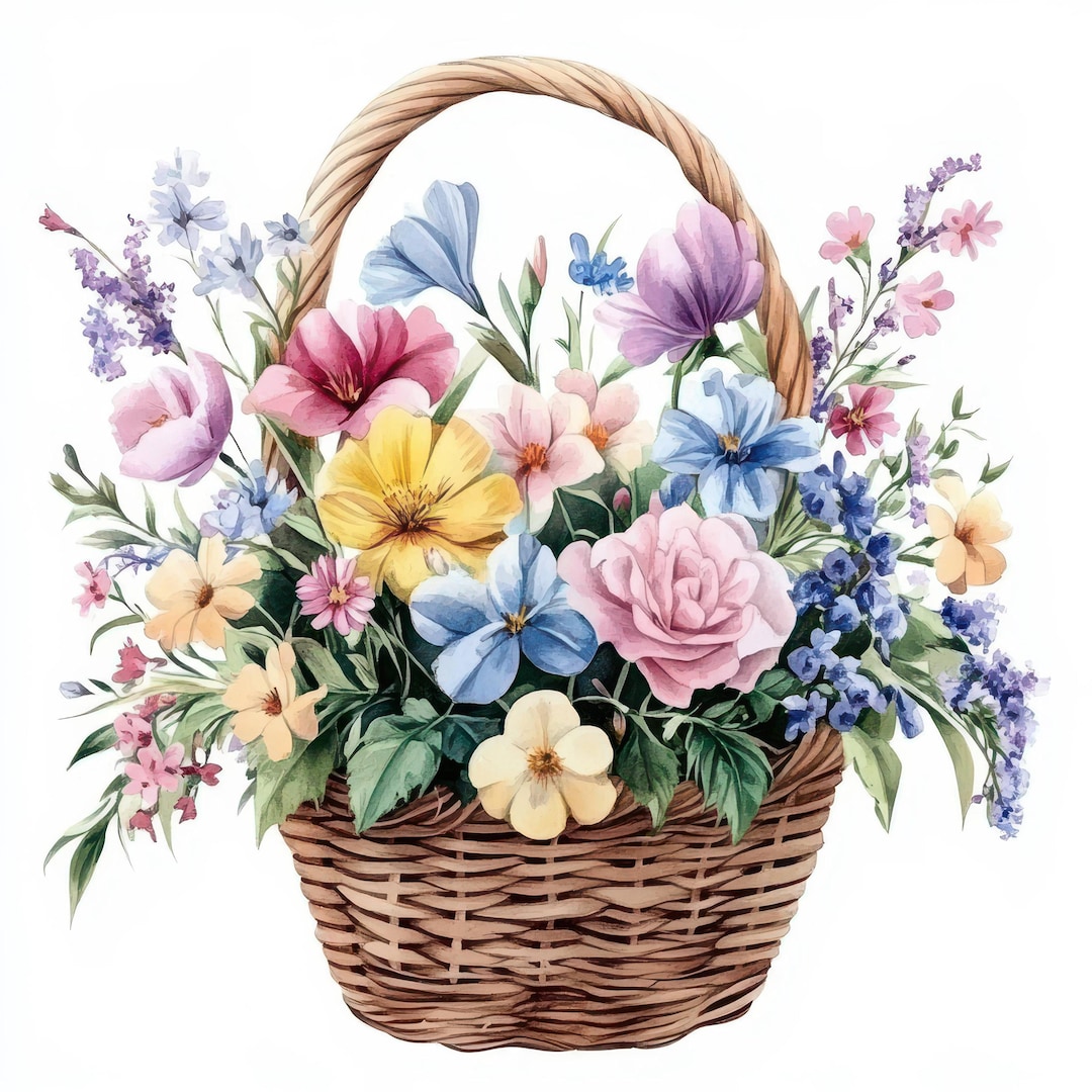 14 Spring Flowers Basket Clipart, Paper Craft, Printable Watercolor ...