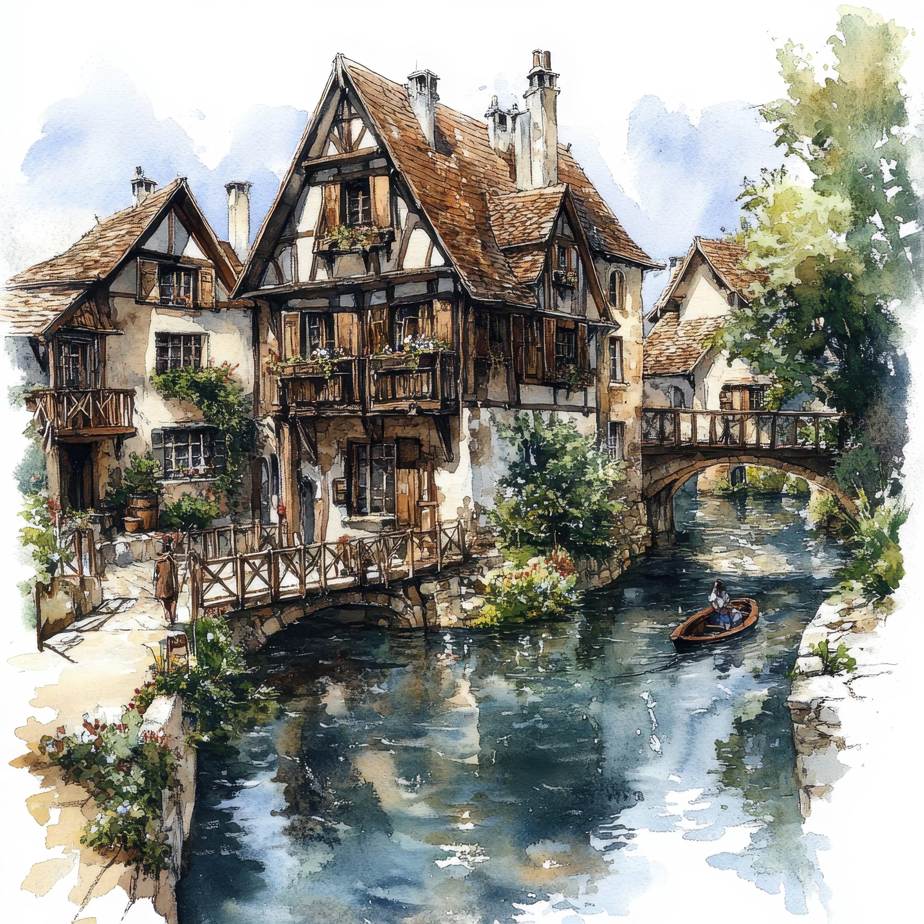 10 Old Lake Town Clipart, Printable Watercolor Clipart, Paper Craft ...