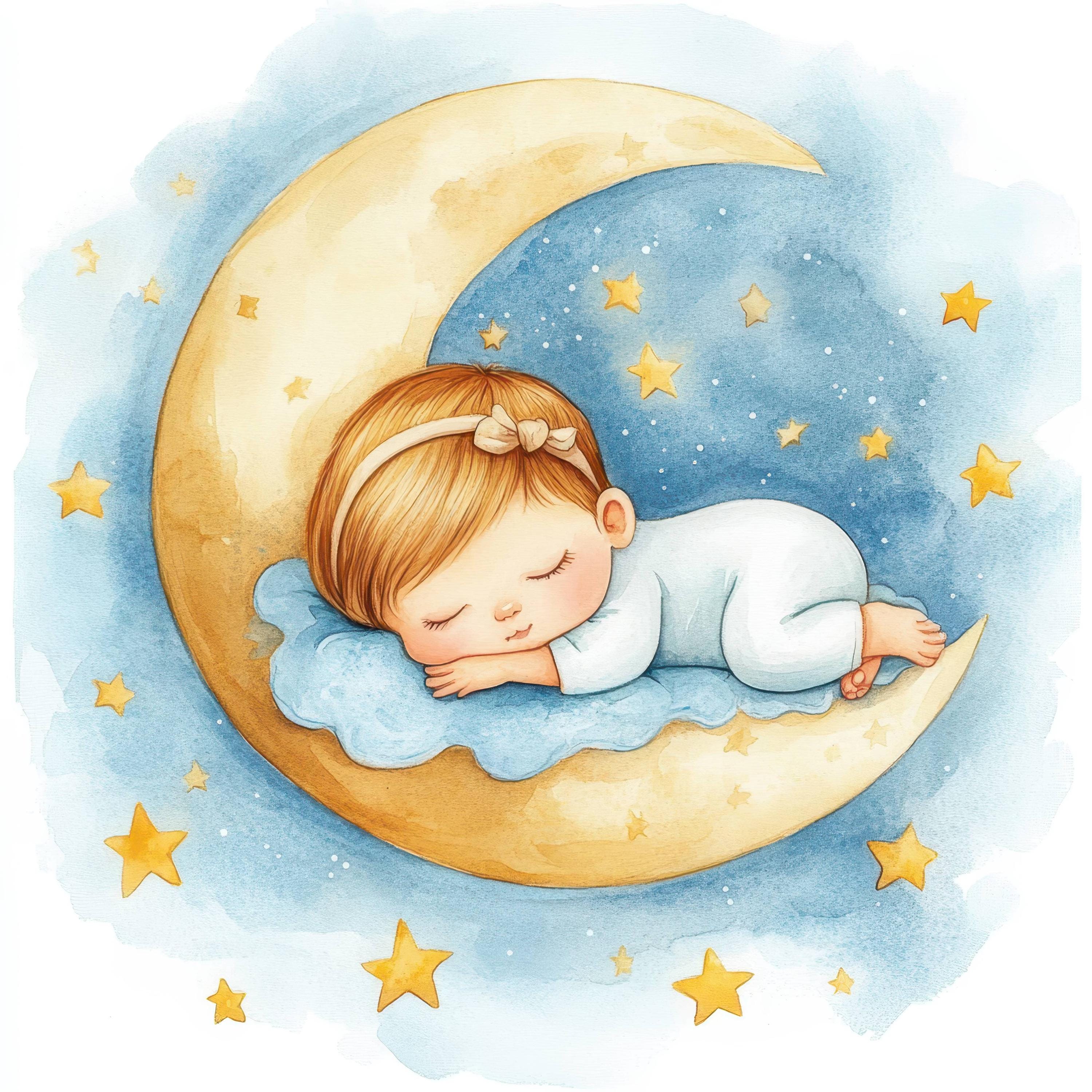 10 Boy Sleeping in Moon Clipart, S2, Printable Watercolor Clipart ...