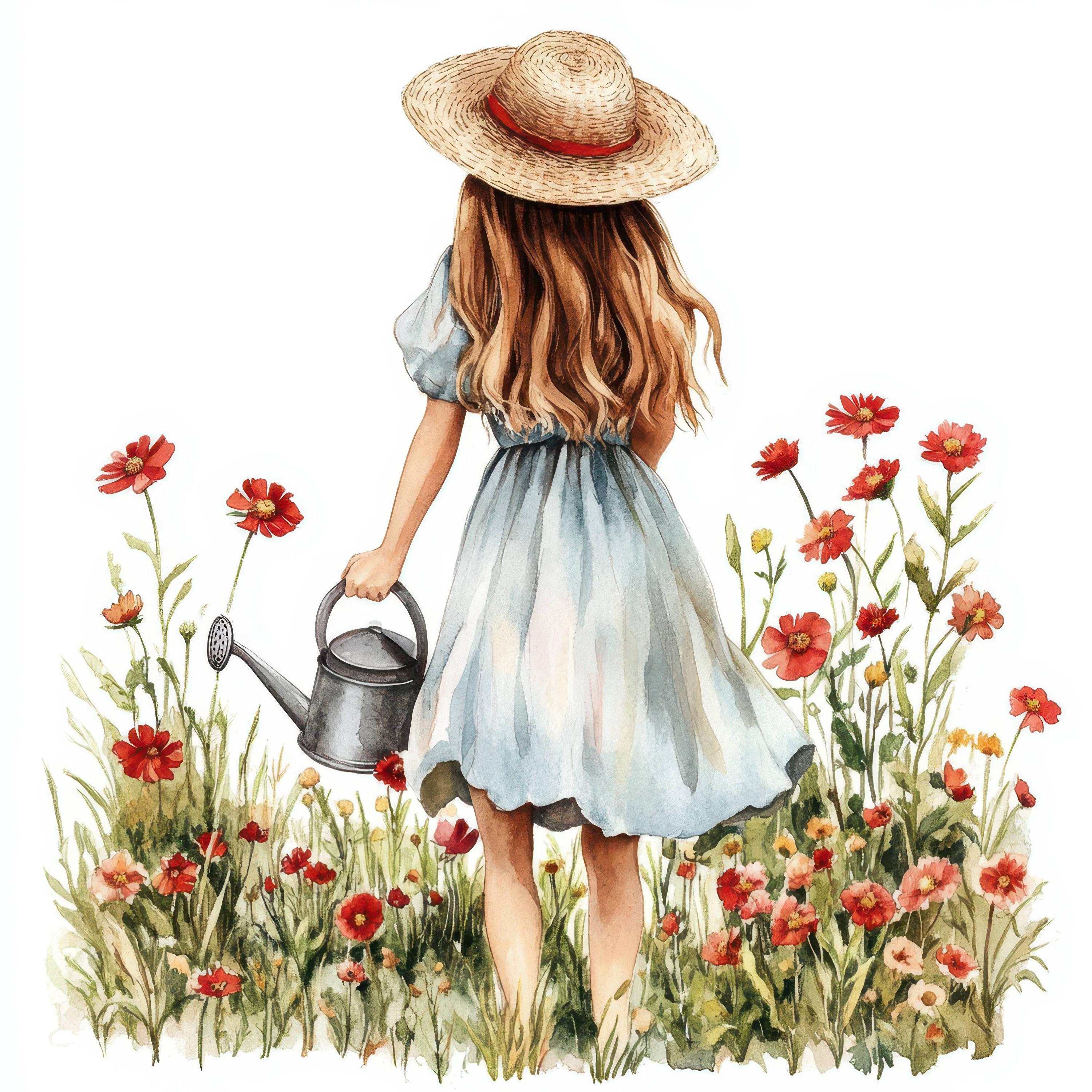 10 Woman Watering Flowers Clipart, Girl Art, Printable Watercolor ...