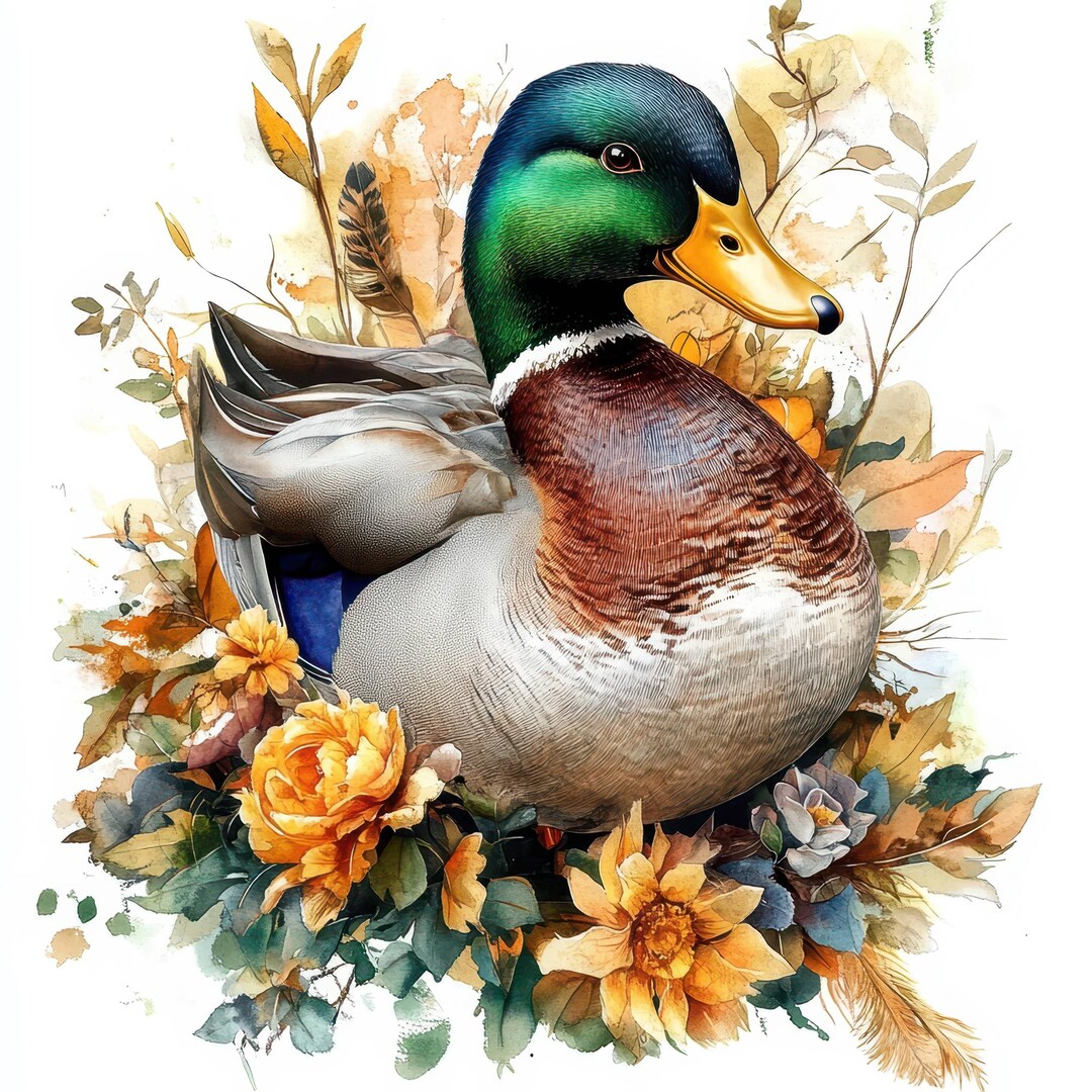 10 Mallard Duck and Flowers Clipart, High Quality JPG, Junk Journals ...