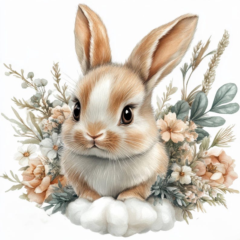 11 Floral Cute Bunny Clipart, Printable Watercolor Clipart, Junk ...