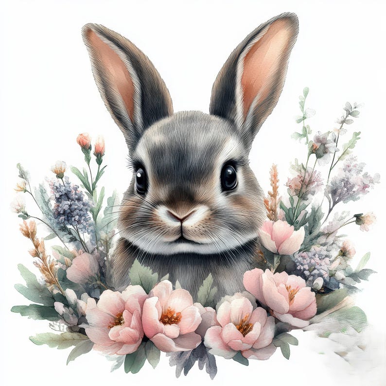 11 Floral Cute Bunny Clipart, Printable Watercolor Clipart, Junk ...