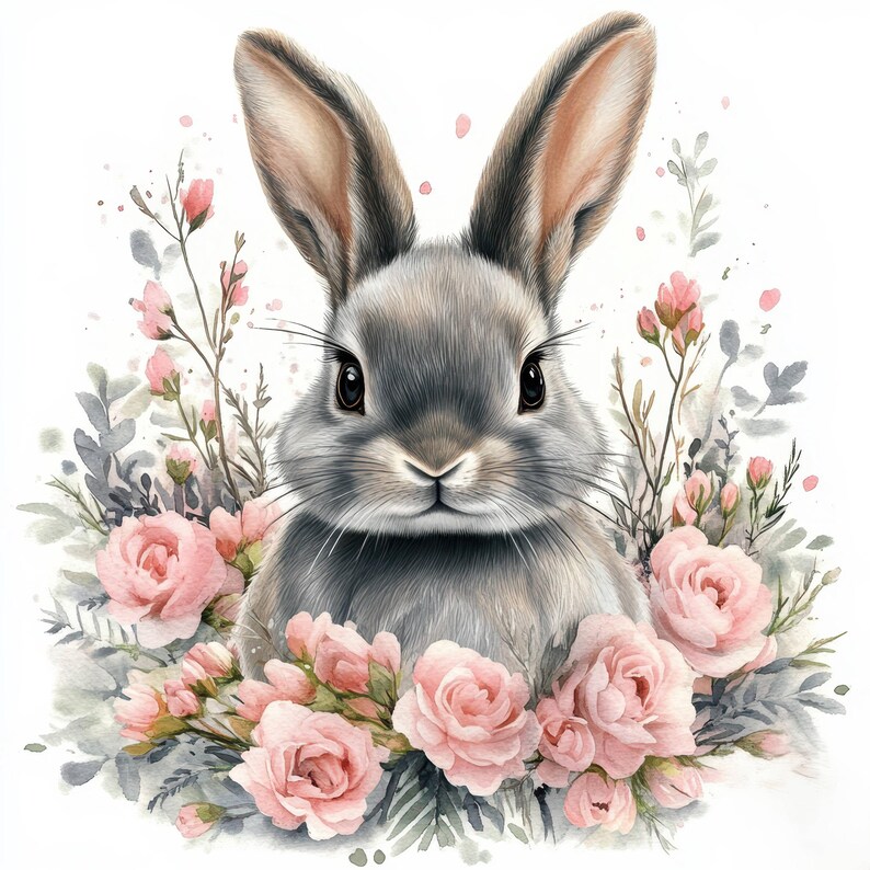 11 Floral Cute Bunny Clipart, Printable Watercolor Clipart, Junk ...
