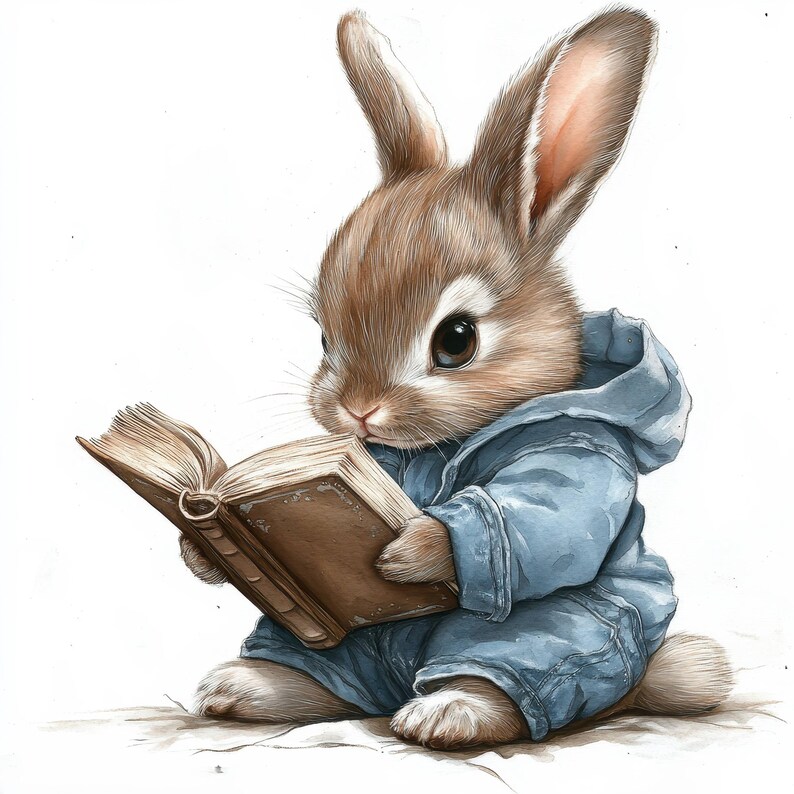 10 Bunny Reading Book Clipart, 10 High Quality Jpgs, Digital Download ...