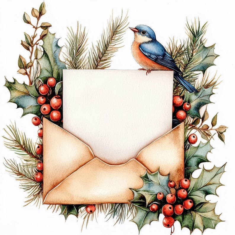 10 Christmas Envelope Clipart, Printable Watercolor Clipart, Paper ...
