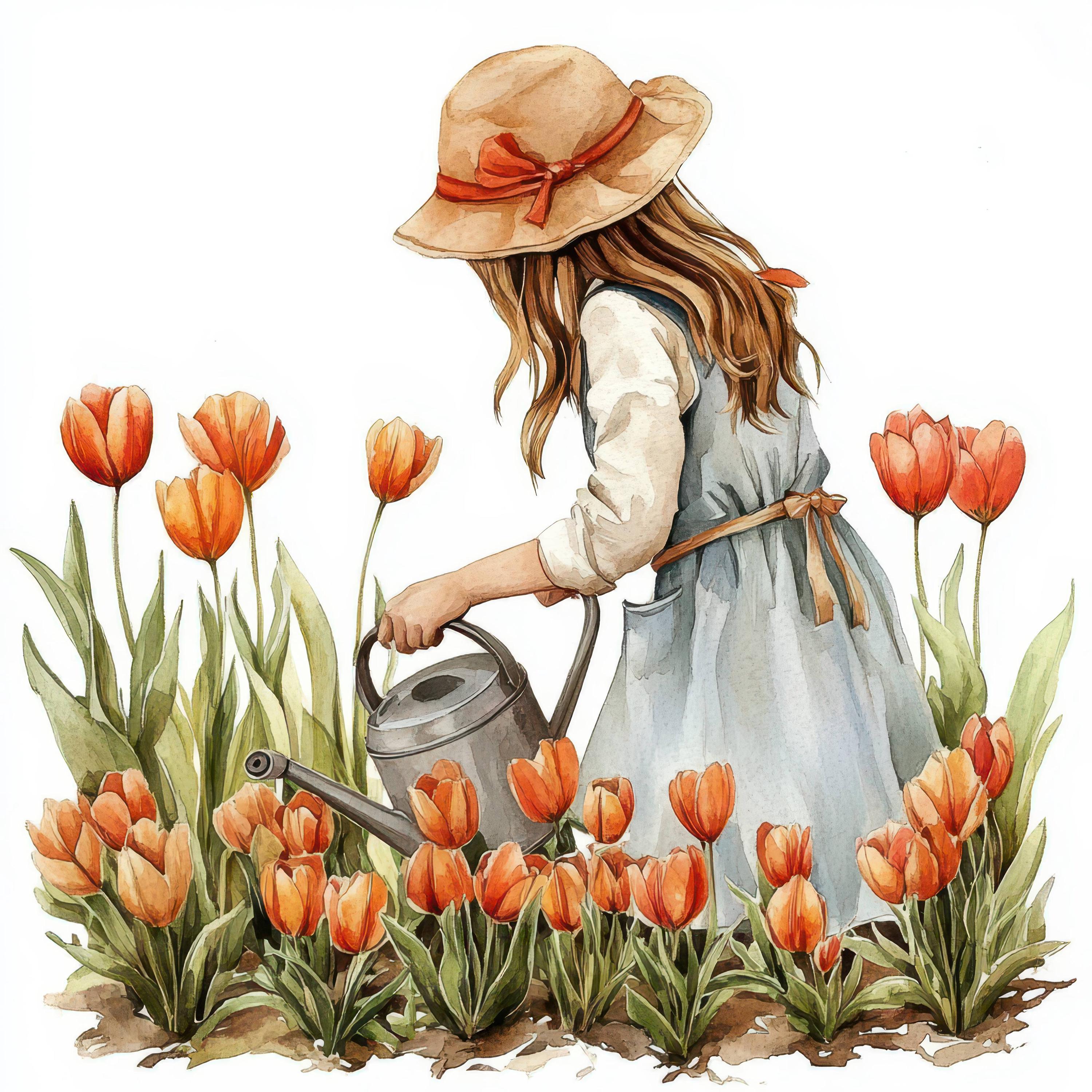 10 Woman Watering Flowers Clipart, Girl Art, Printable Watercolor ...