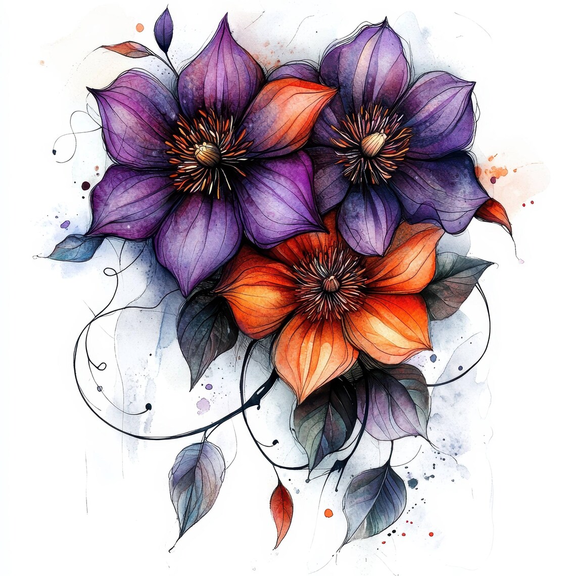 10 Halloween Flower Clipart, Orange Flowers, Printable Watercolor ...