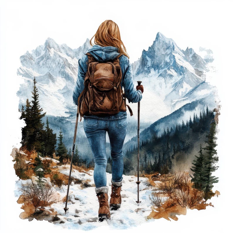 10 Hiking Woman Clipart, Mountain Hiking, Junk Journal, Paper Craft ...