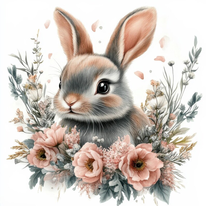 11 Floral Cute Bunny Clipart, Printable Watercolor Clipart, Junk ...