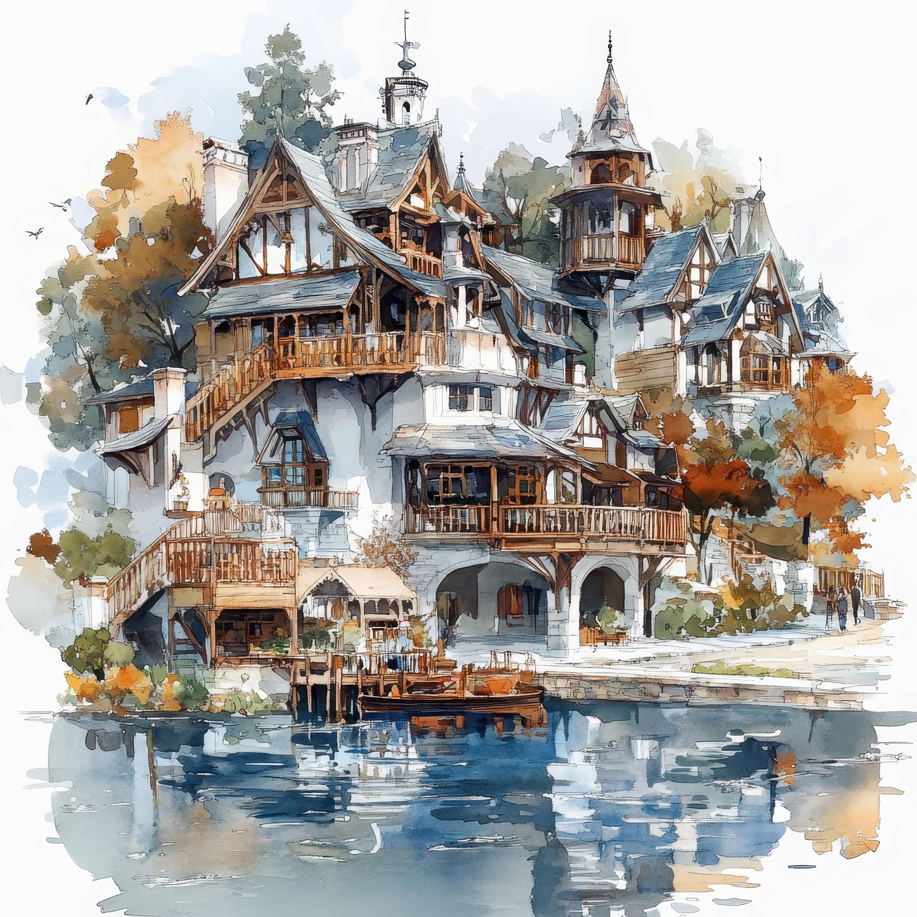 10 Old Lake Town Clipart, Printable Watercolor Clipart, Paper Craft ...