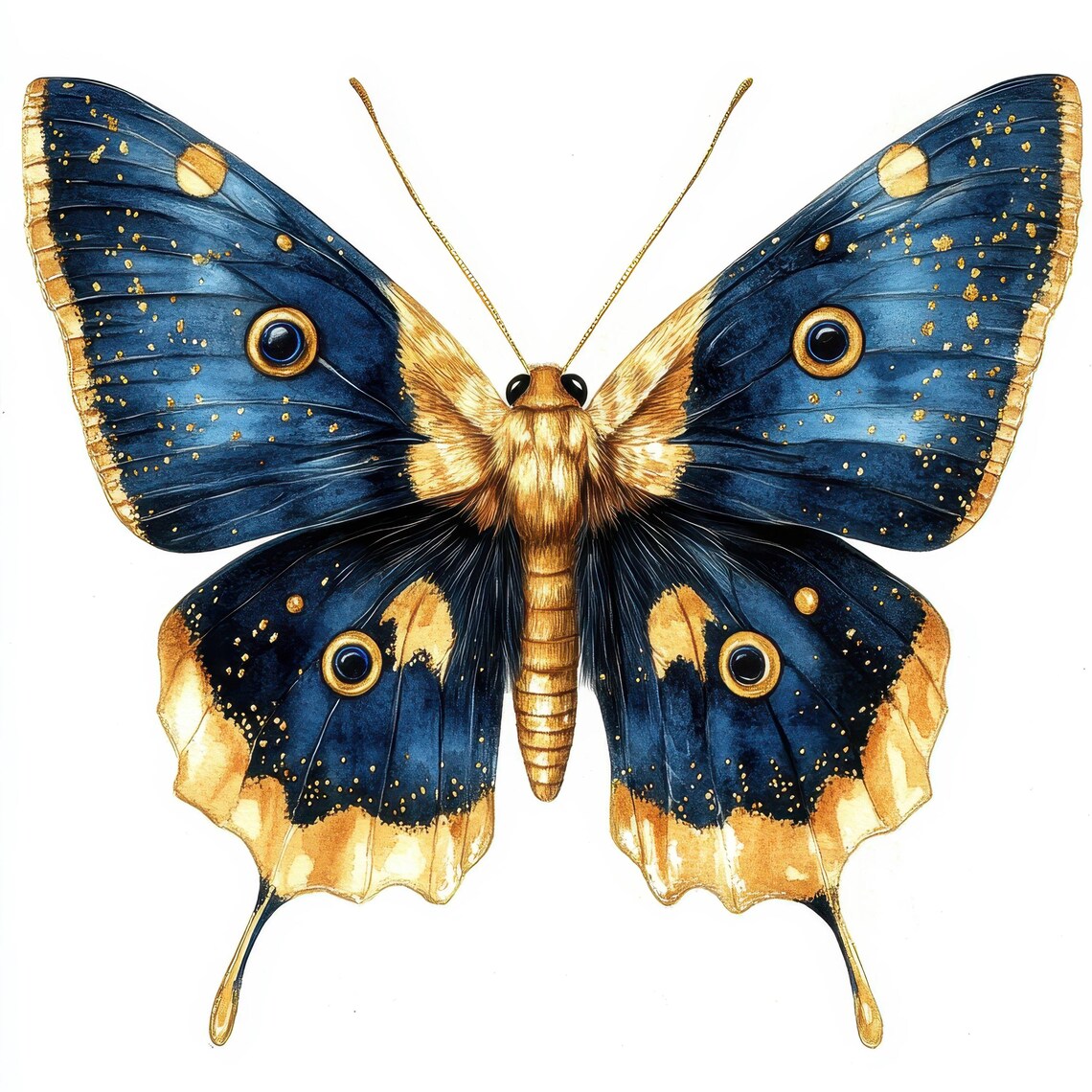 10 Blue Butterfly Clipart, Blue Gold Butterfly, Printable Watercolor ...