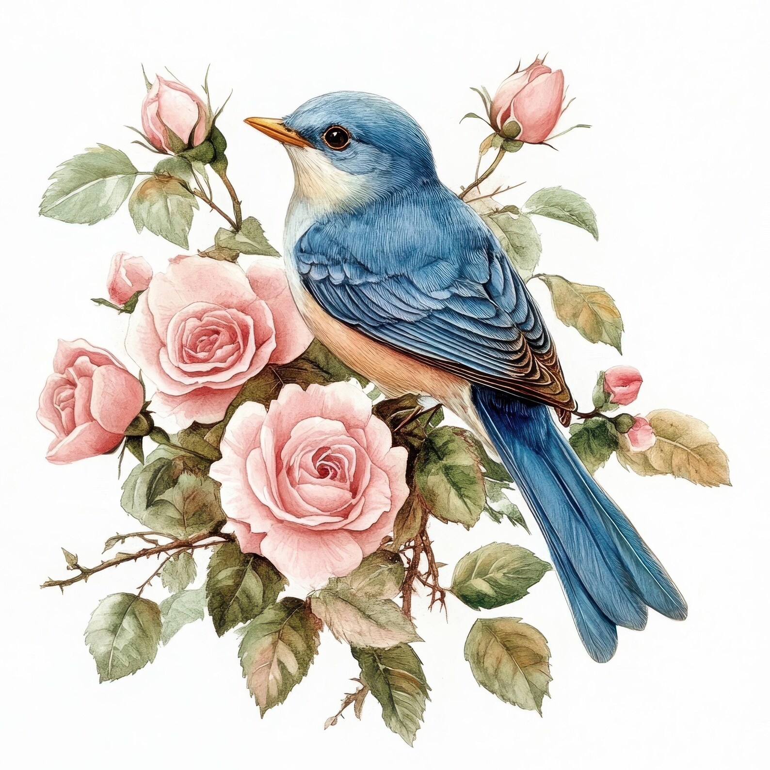 14 Floral Bluebird Clipart, Bird and Roses, Printable Watercolor ...