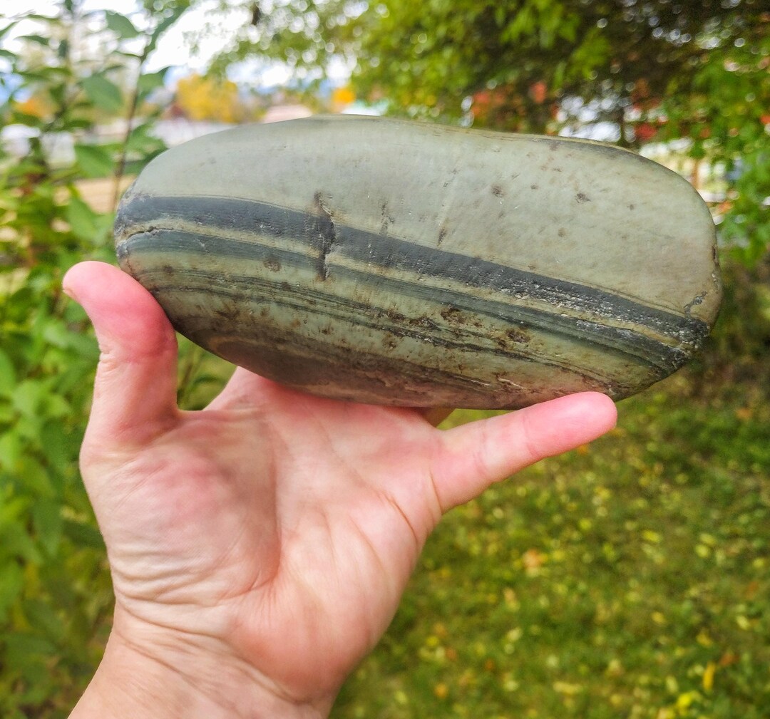 Large Banded Green Argillite River Stone - Glossy Montana Rainbow Rock ...