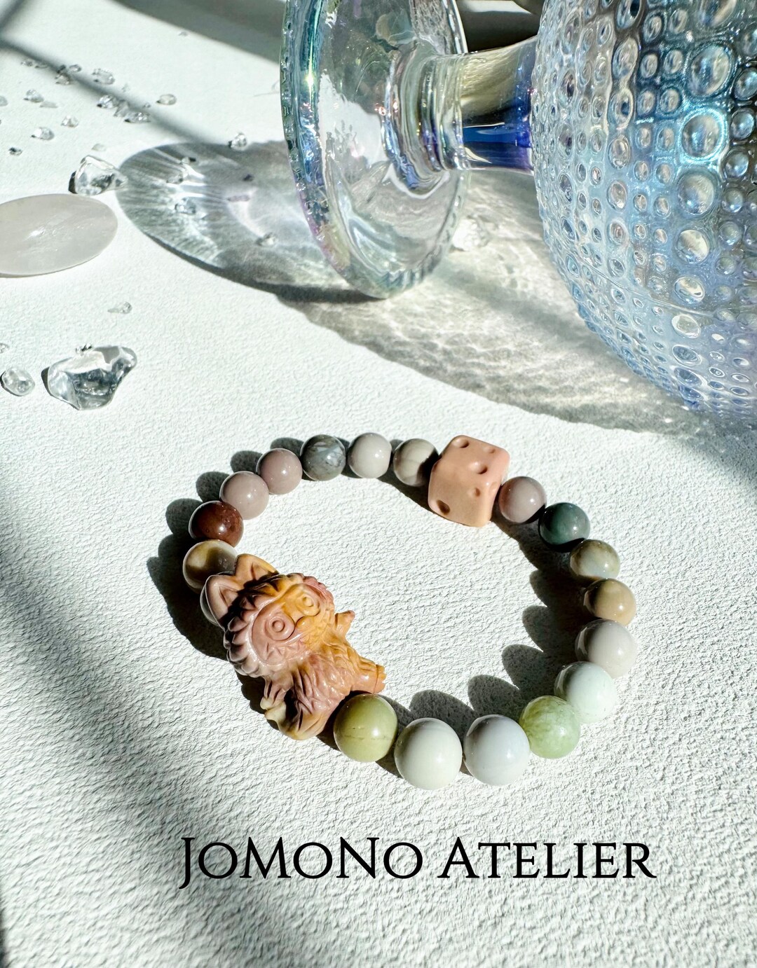 Hand-carved Labubu Bracelet With Rainbow Alashan Agate and Pink Cheese ...