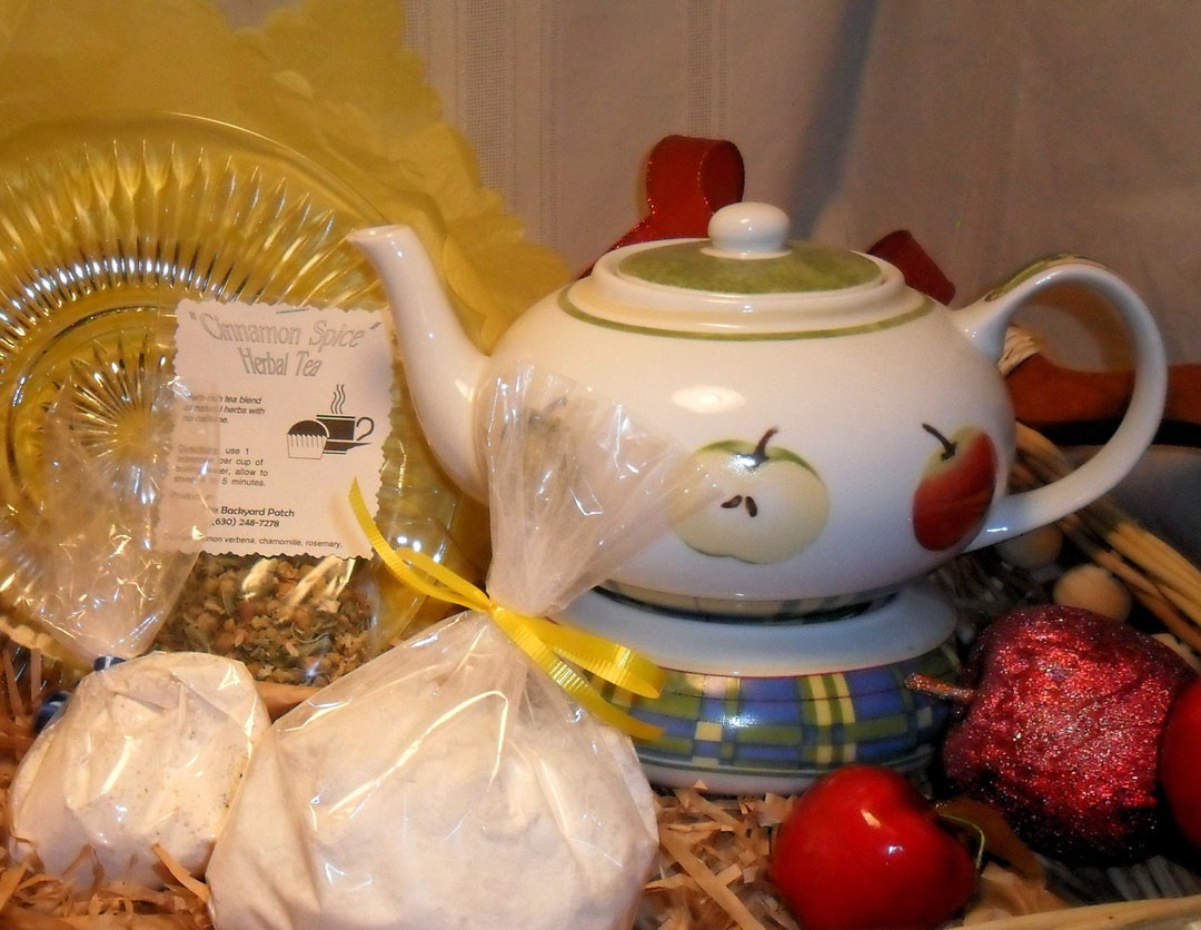 Apple Tea Pot Gift Basket, Ceramic Teapot, Serving Plate, Scones ...