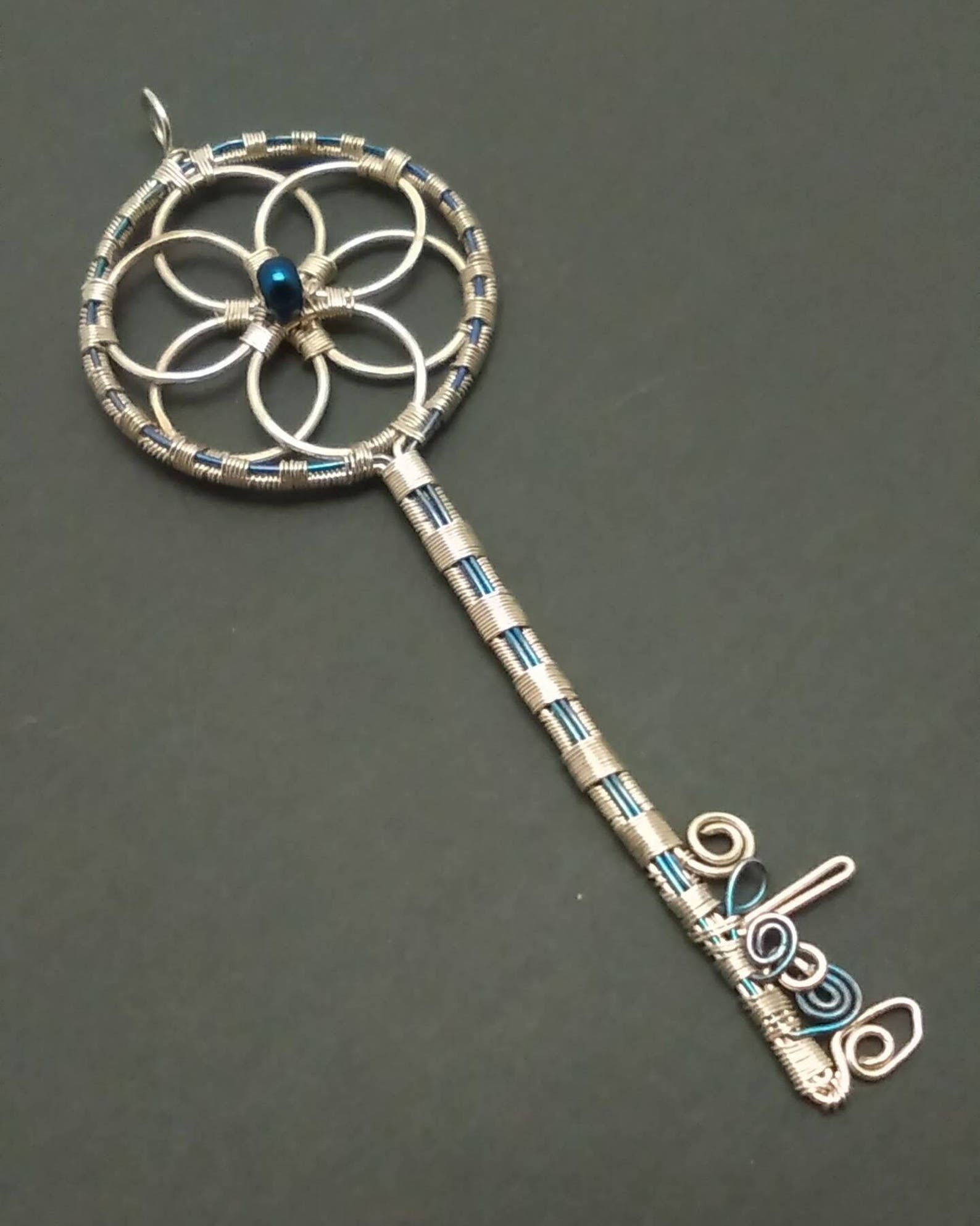 Blue Niobium and Sterling Silver Wire Wrapped Flower of Life Key ...