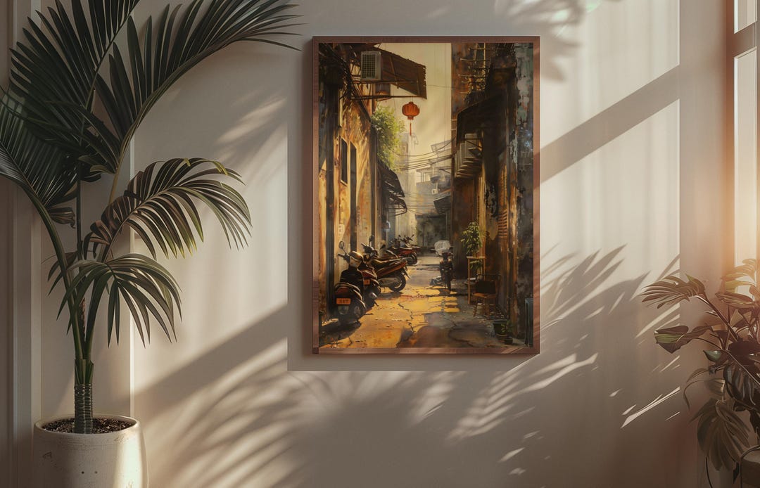 Bangkok Alleyway Oil Painting Poster – Realistic Thailand Street Scene ...