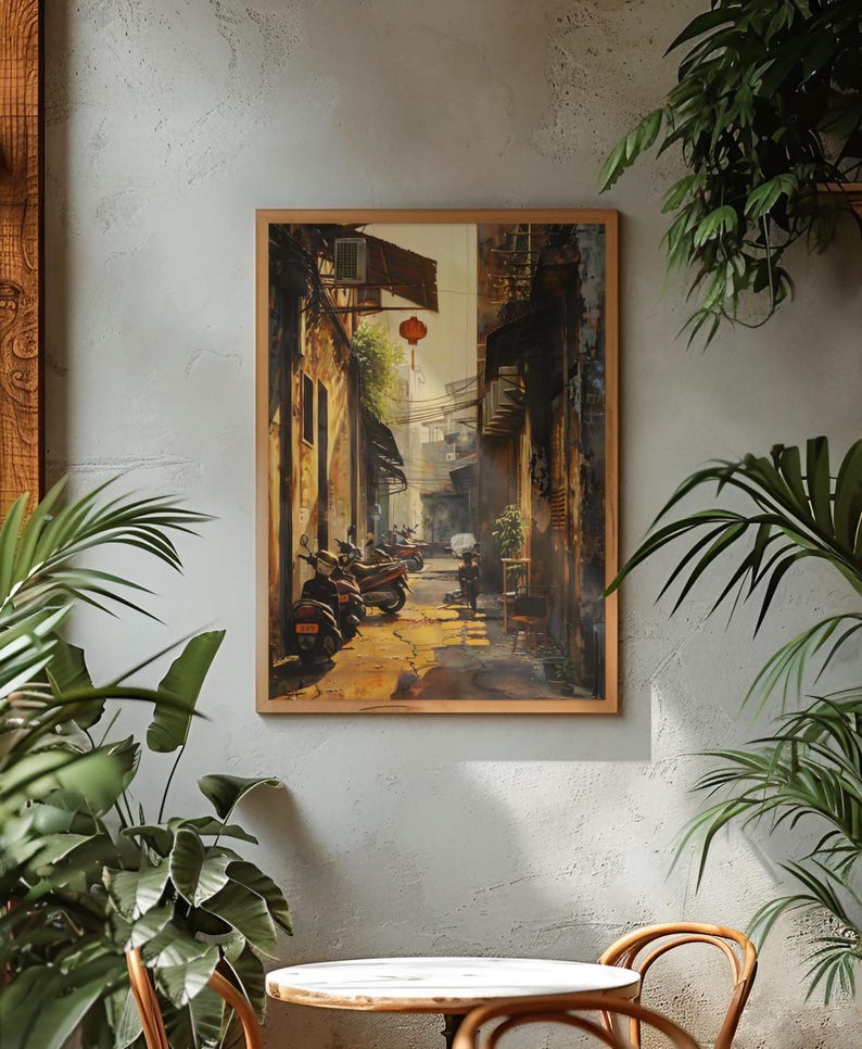 Bangkok Alleyway Oil Painting Poster – Realistic Thailand Street Scene ...