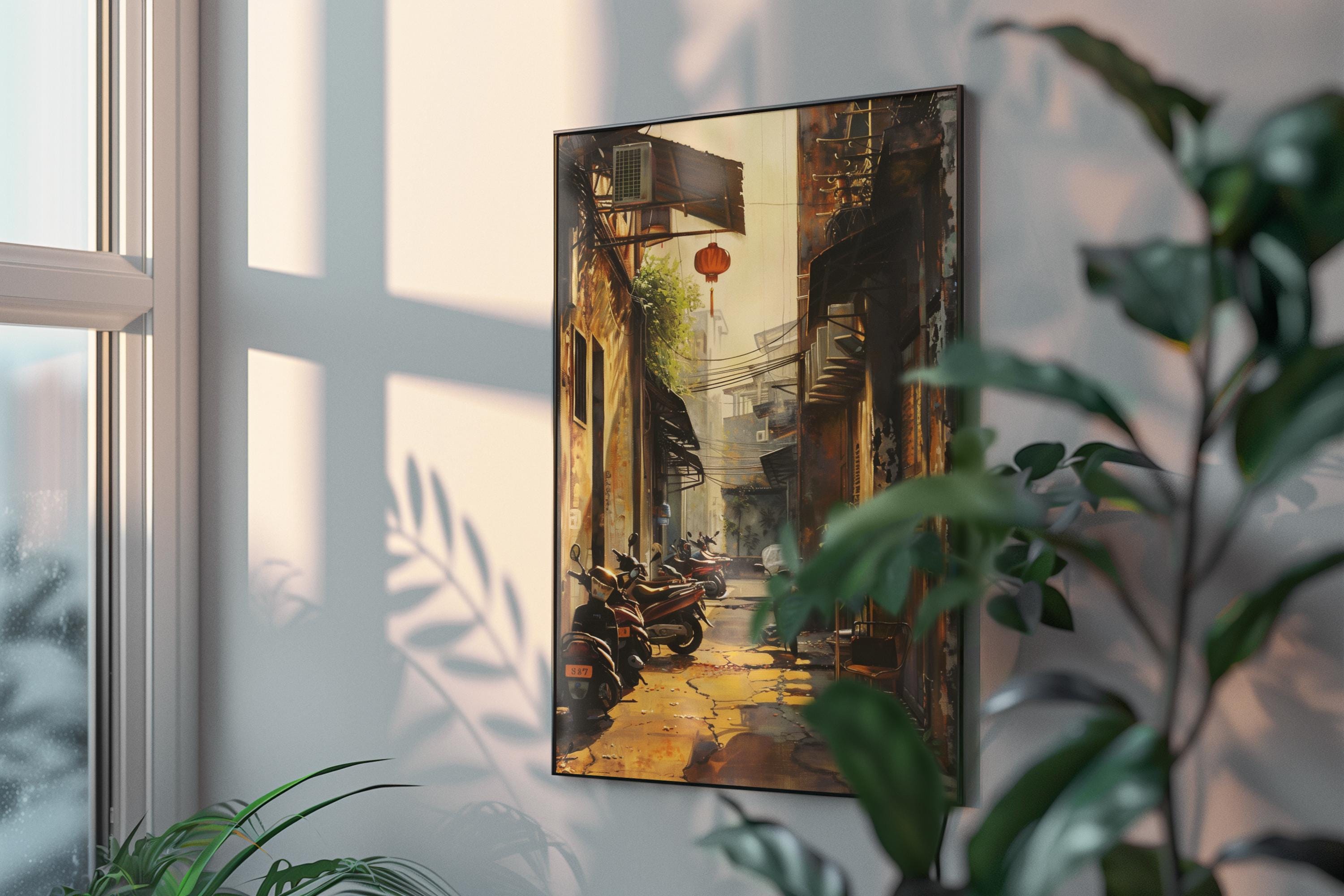 Bangkok Alleyway Oil Painting Poster – Realistic Thailand Street Scene ...