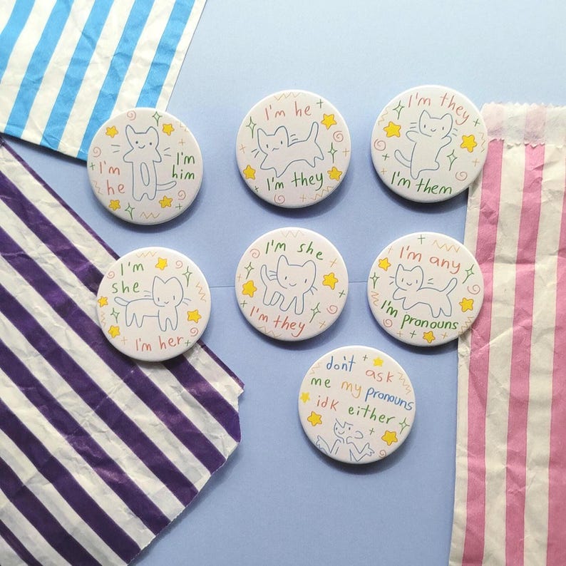 Doodle Kitty Pronoun Pins - Etsy
