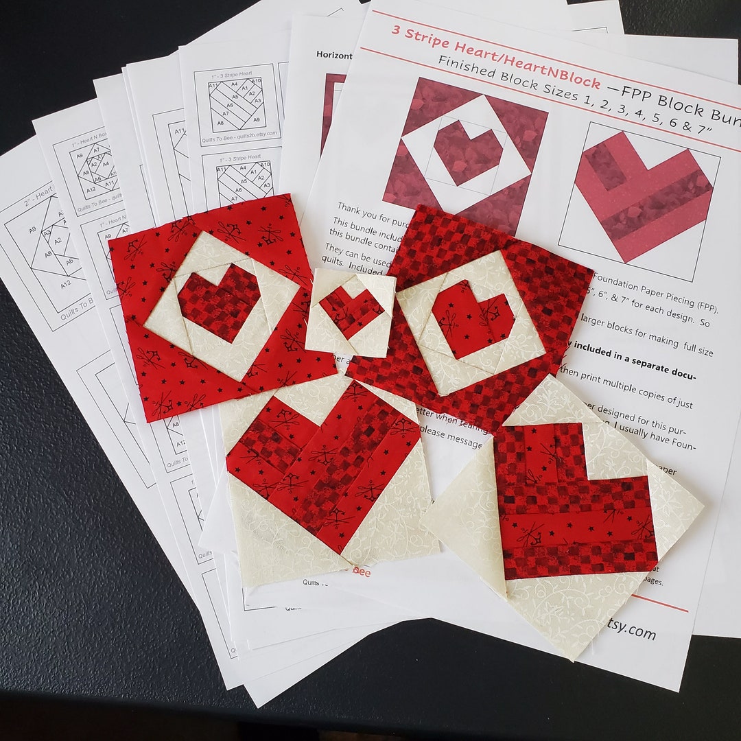 3 Stripe Heart/heart-n-box—fpp Block Bundle Finished Block Sizes of 1,2 ...