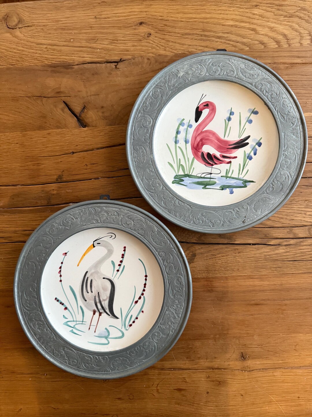 Vintage Italian German Pottery Flamingo + Heron Bird Wall Plates Hand ...