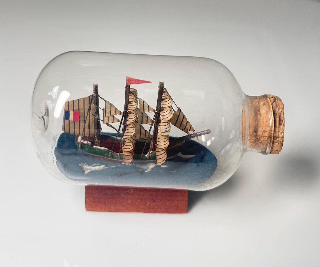 French Ship in a Bottle, Vintage Miniature Model of a Sailing Ship ...