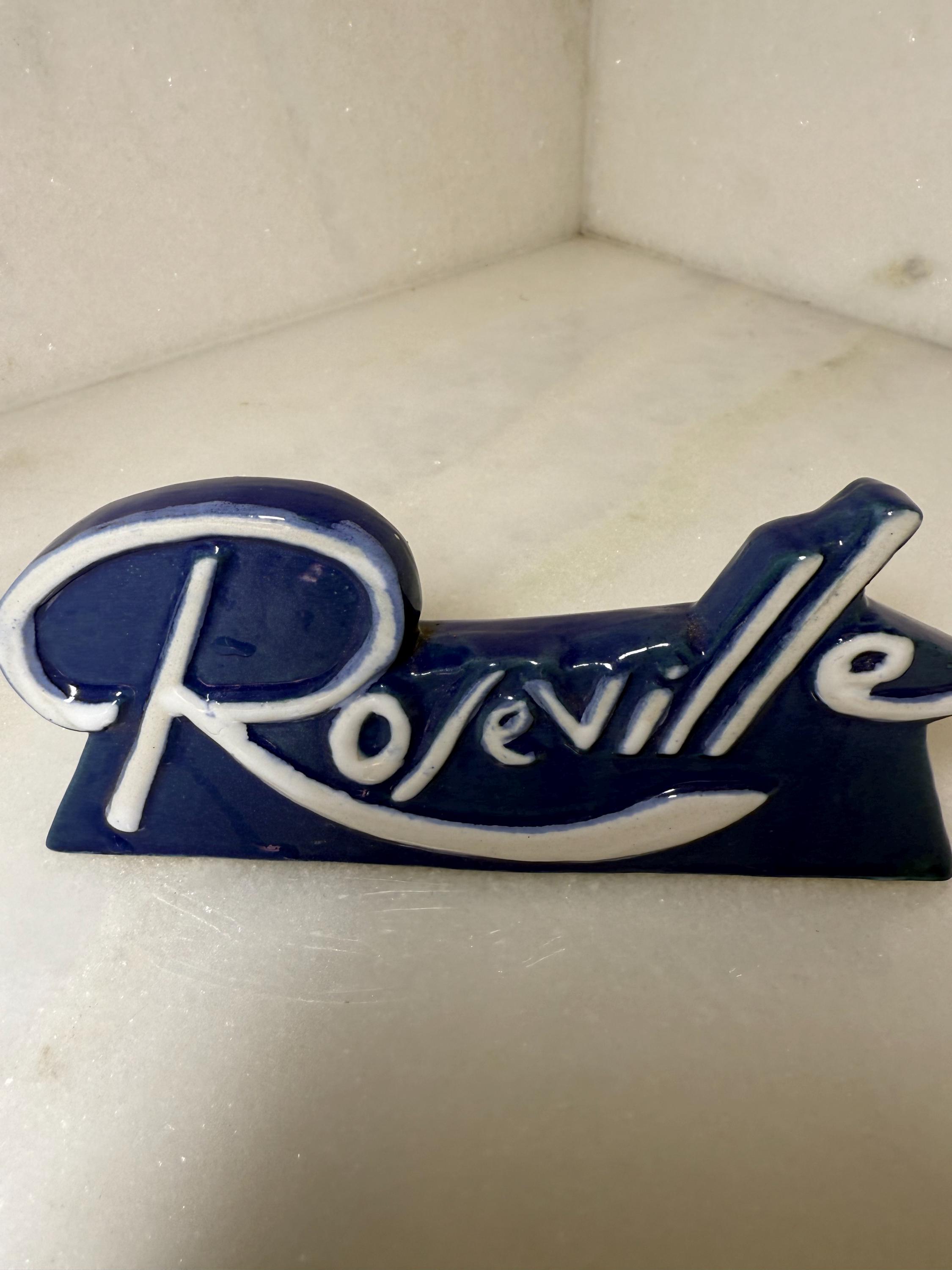 Vintage Roseville Pottery Reproduction Dealer Sign Blue White American ...