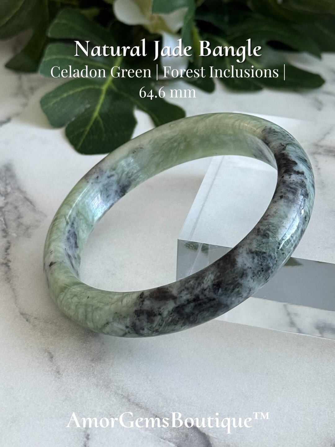 Natural Jade Bangle 64.6 Mm Celadon Green With Forest Inclusions ...