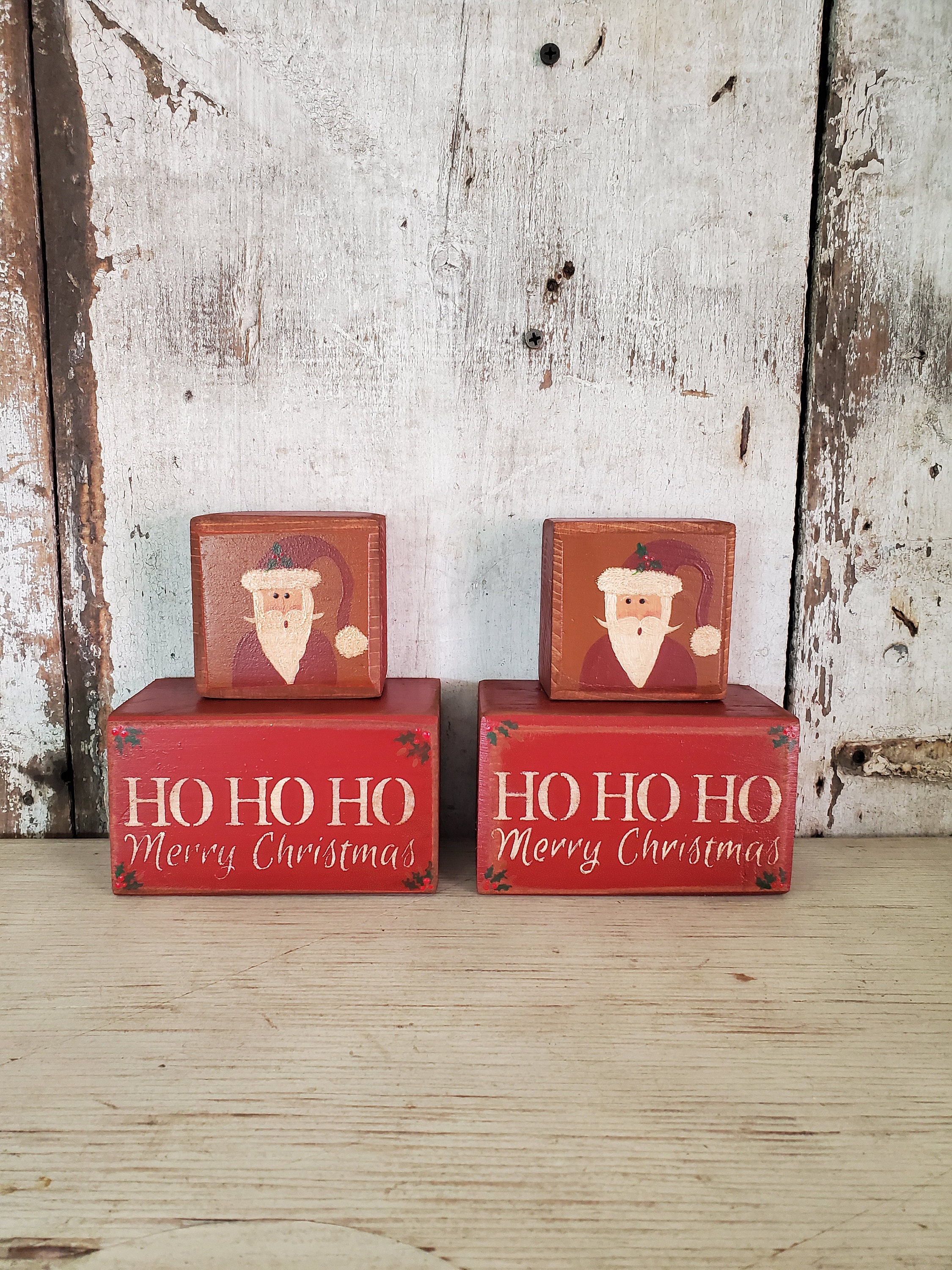 Primitive Santa Merry Christmas Chunky Wood Blocks Rustic - Etsy