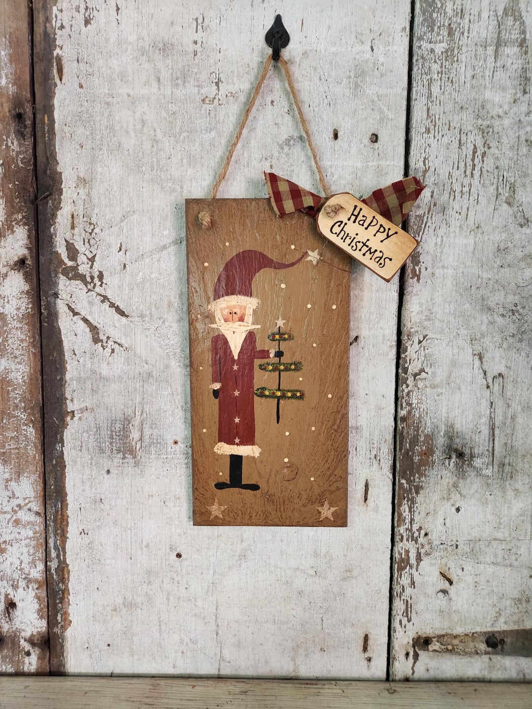 Rustic Santa Painted on Used Slate Primitive Santa Rustic Christmas ...
