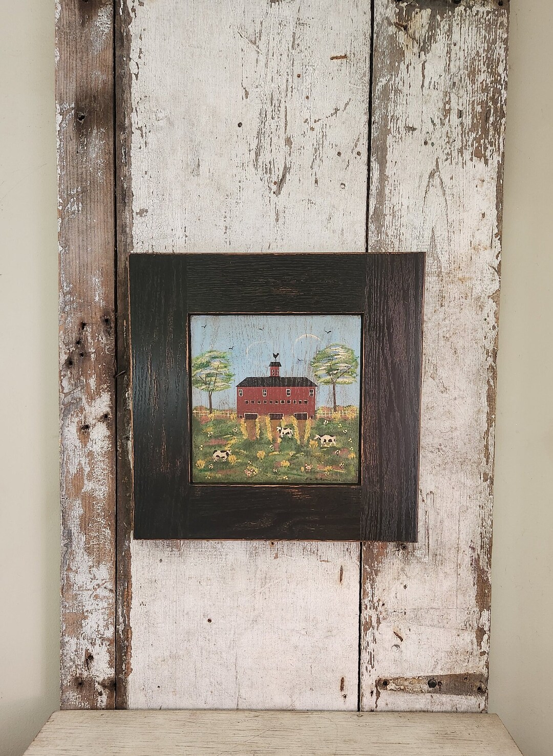 Colonial Decor Primitive Country Scene Wood Door Panel Folk Art Farm ...