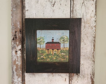 Colonial Decor Primitive Country Scene on Wood Door Panel Folk Art Farm ...