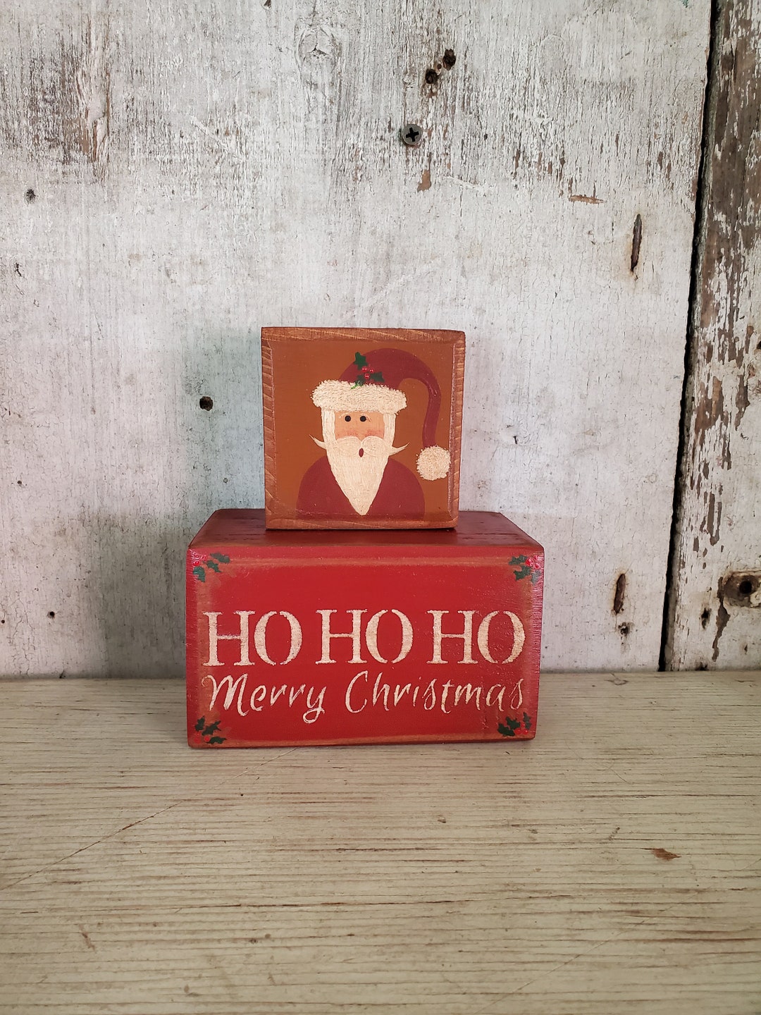 Primitive Santa Merry Christmas Chunky Wood Blocks Rustic Santa Country ...