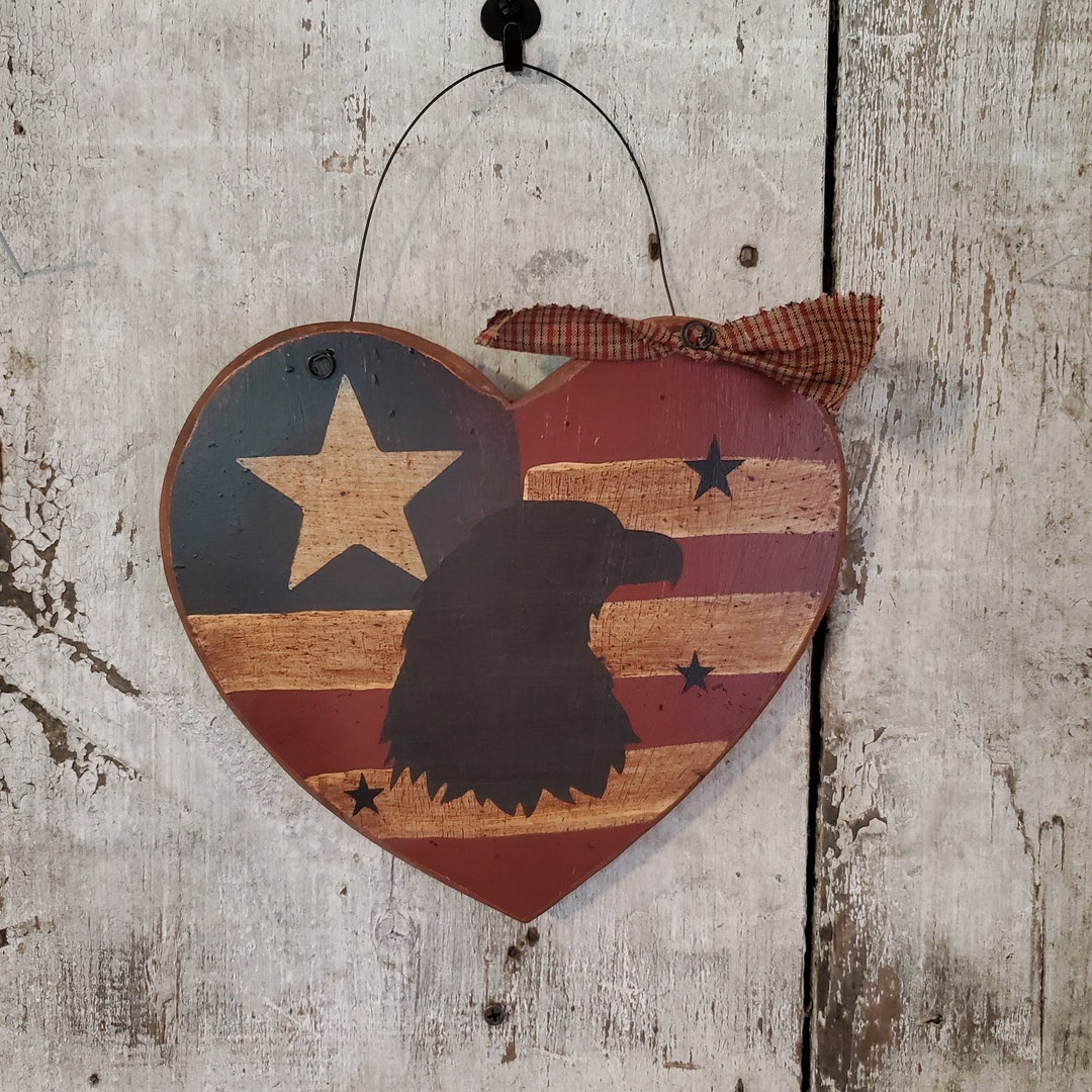 Primitive Americana Painted Flag With Eagle Wood Hart Country Décor ...