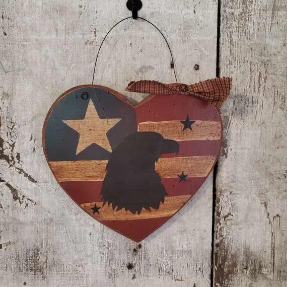 Primitive Americana Painted Flag With Eagle Wood Hart Country | Etsy
