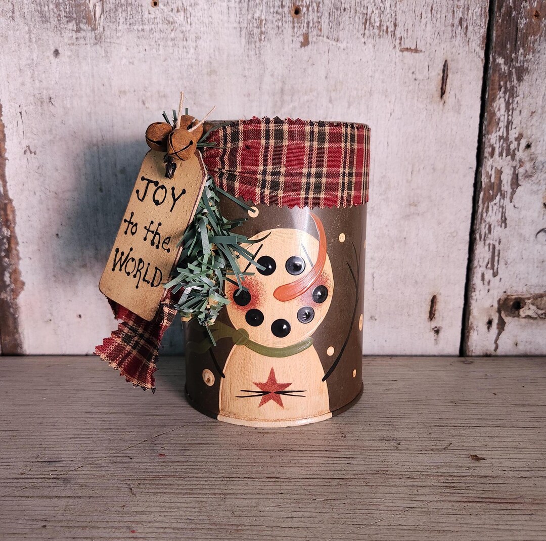 Primitive Snowman Painted Vintage Tin Primitive Christmas Hand Painted ...