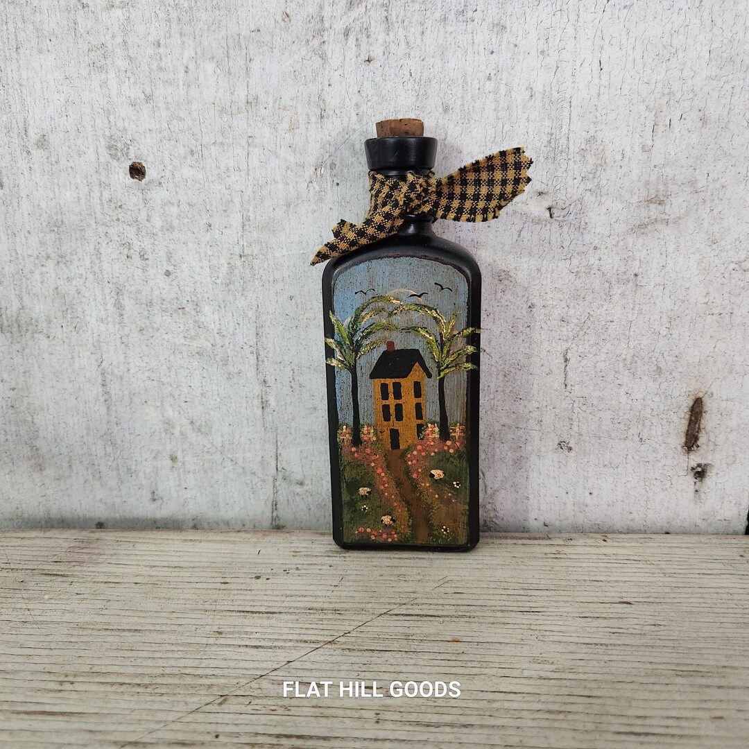 Primitive Country Scene on Vintage Bottle Primitive Décor Rustic Décor ...
