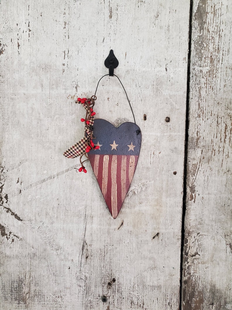 Primitive Americana Painted Flag Wood Hart Country Decor - Etsy