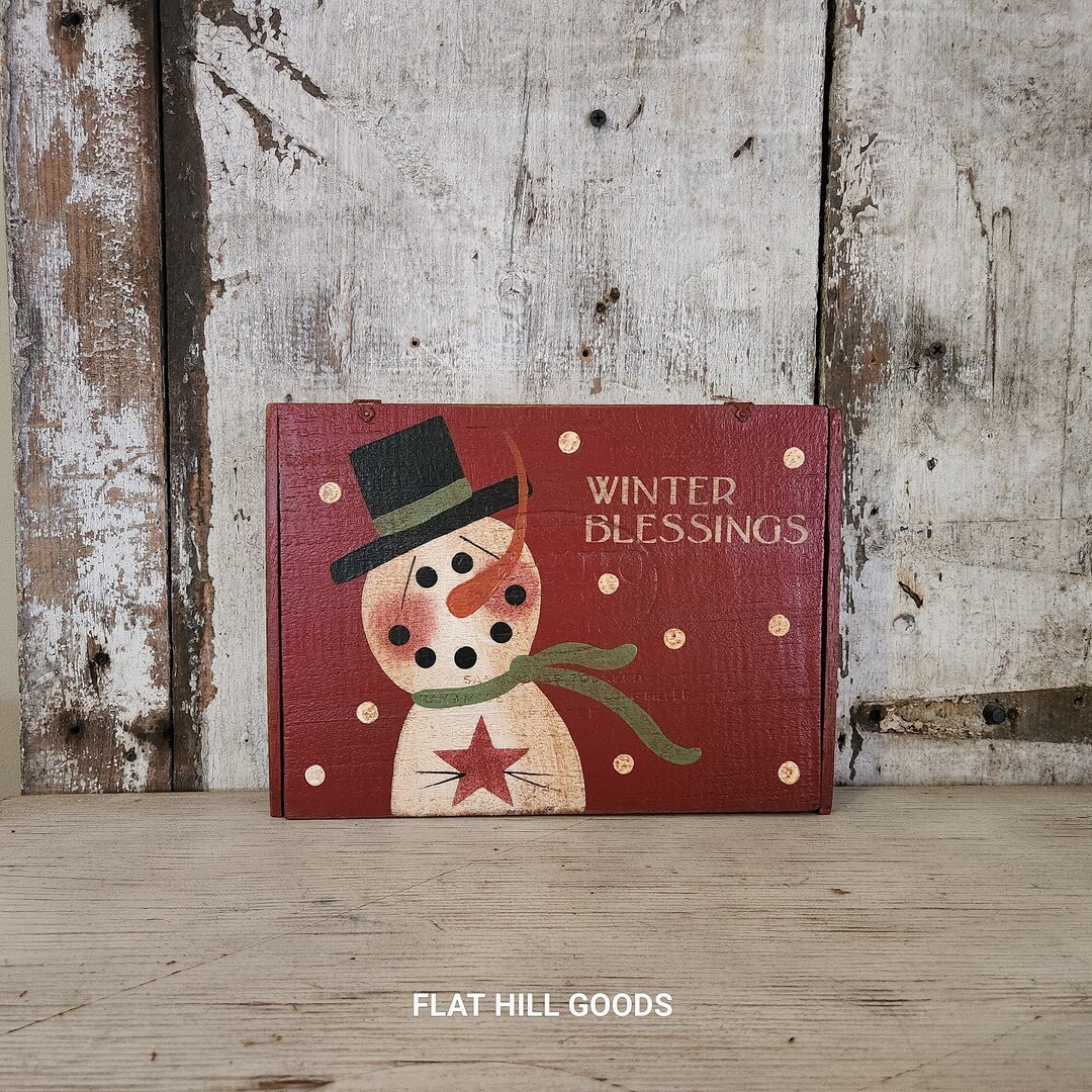 Primitive Snowman on Vintage Cigar Box Primitive Country Snowman Joy ...