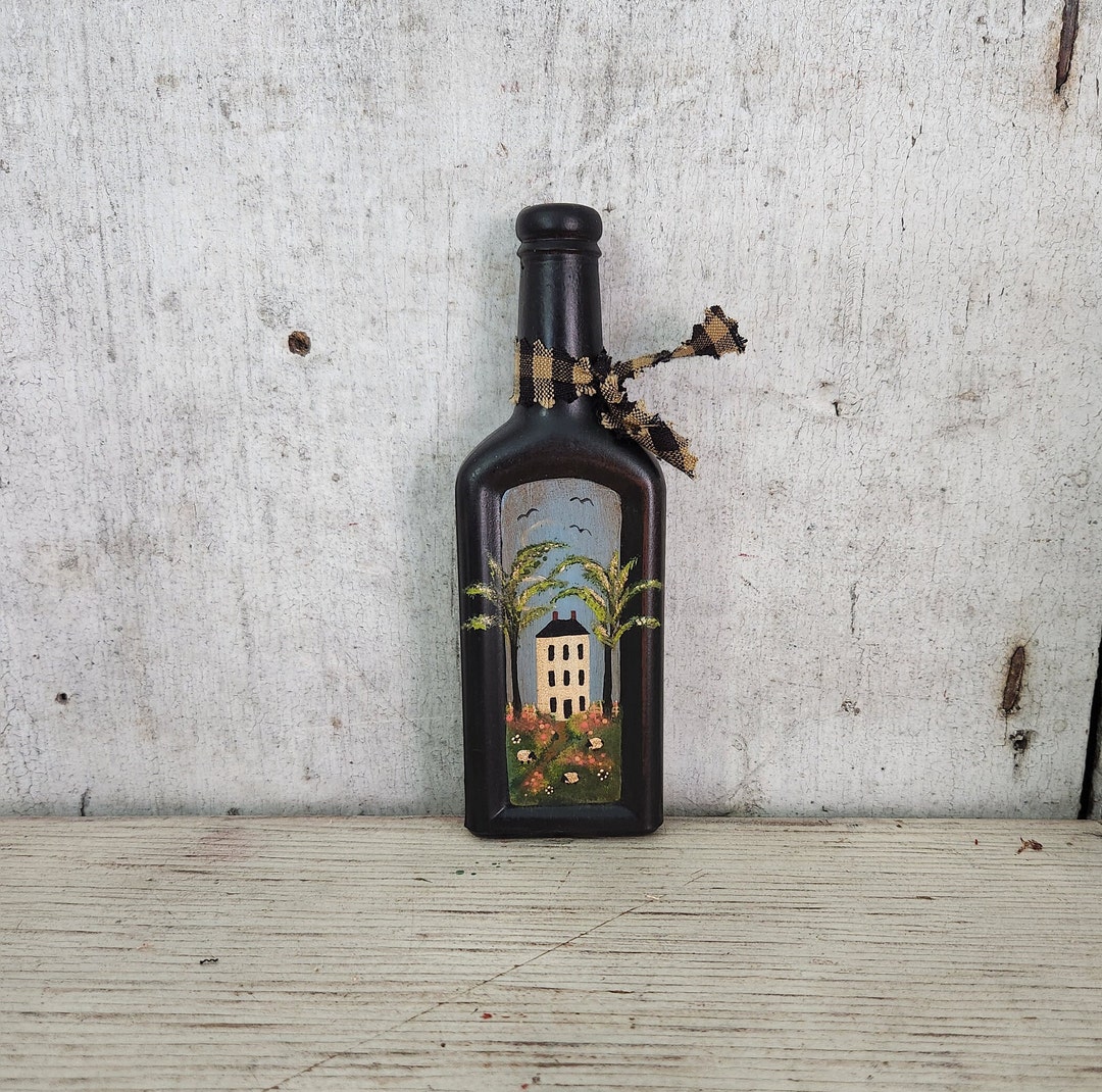Primitive Country Scene on Vintage Bottle Primitive Décor Rustic Décor ...