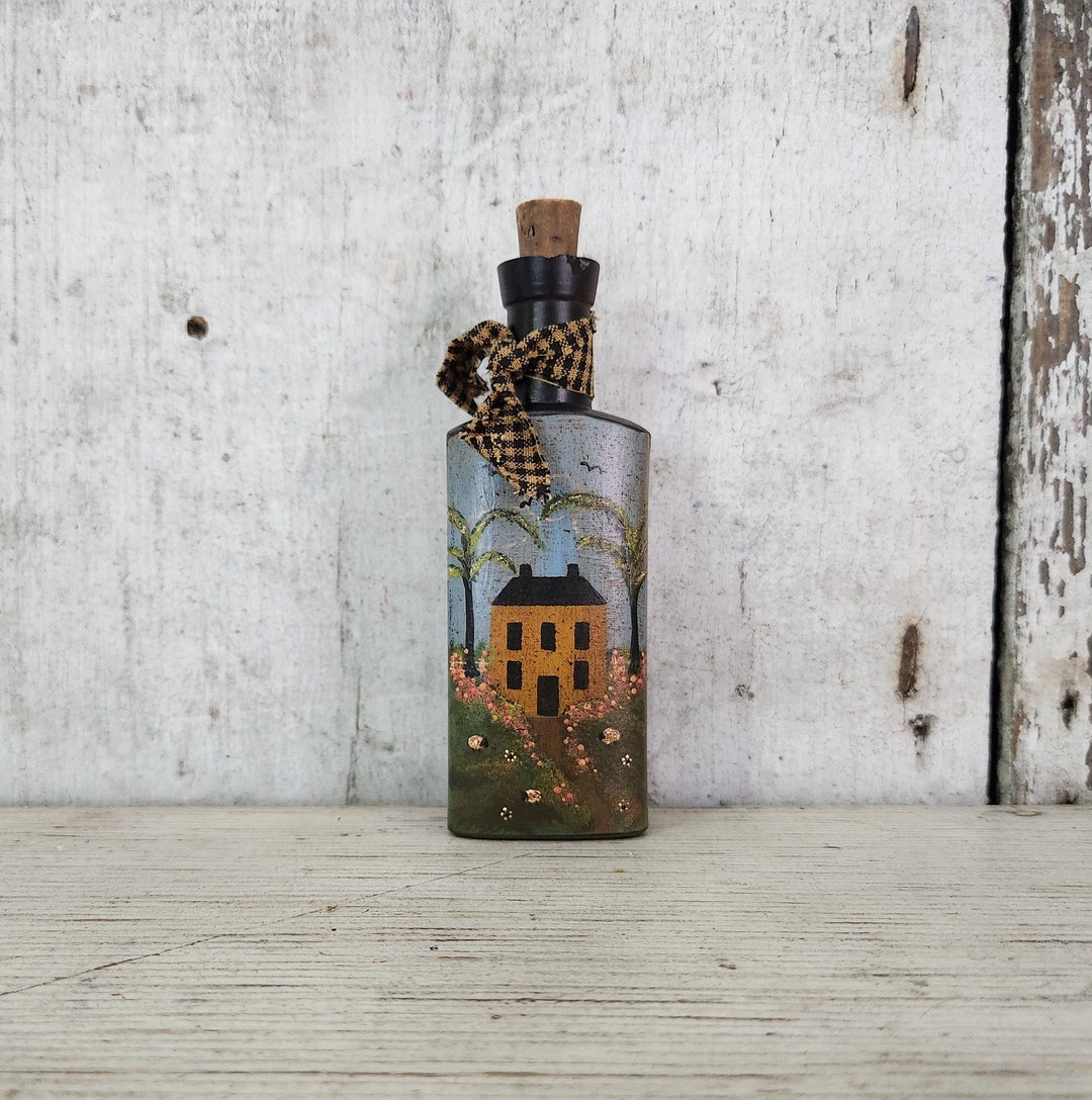 Primitive Country Scene on Vintage Bottle Primitive Décor Rustic Décor ...