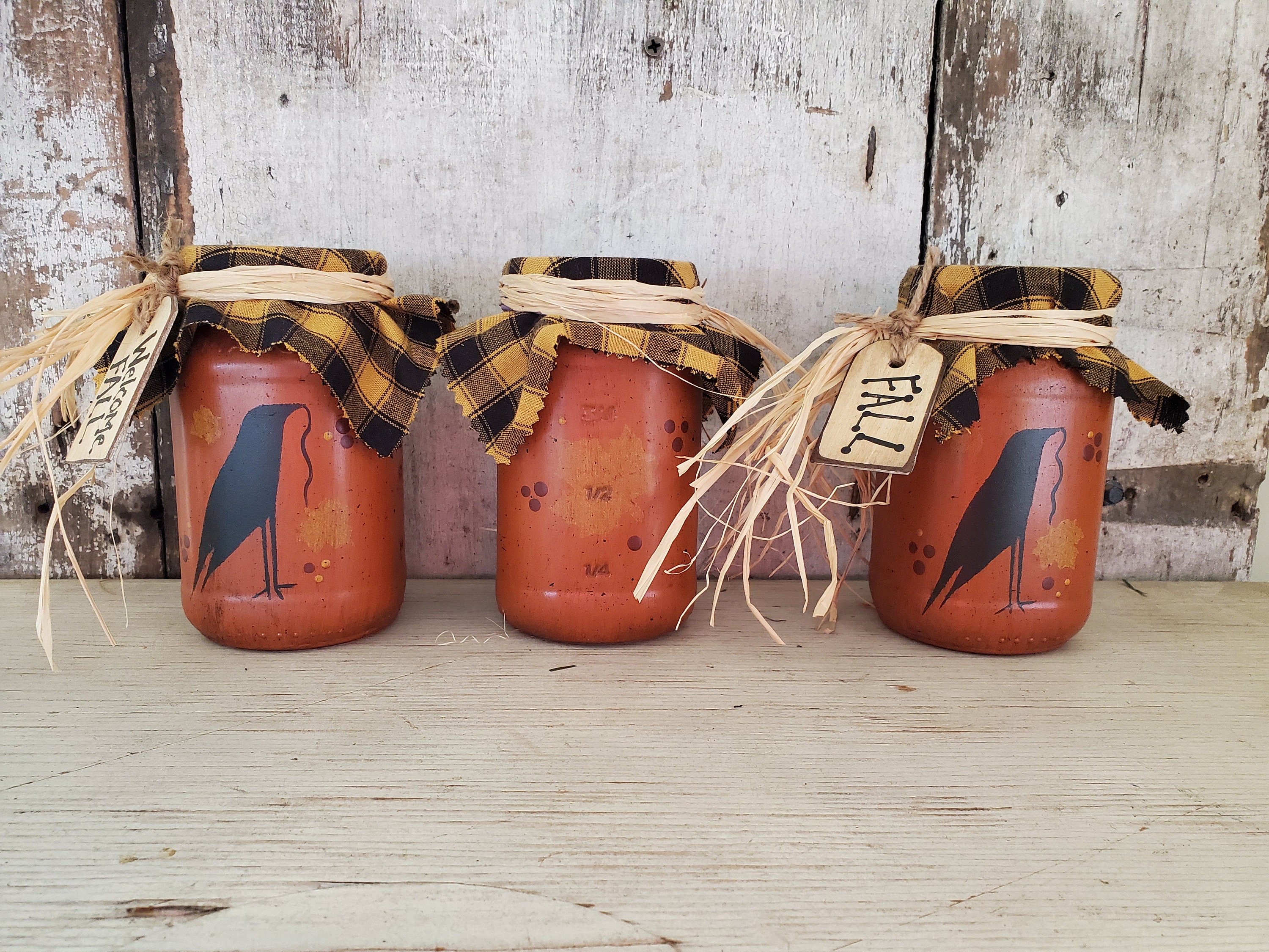 Primitive Crow Painted Canning Jar Primitive Country Crow and Stars ...