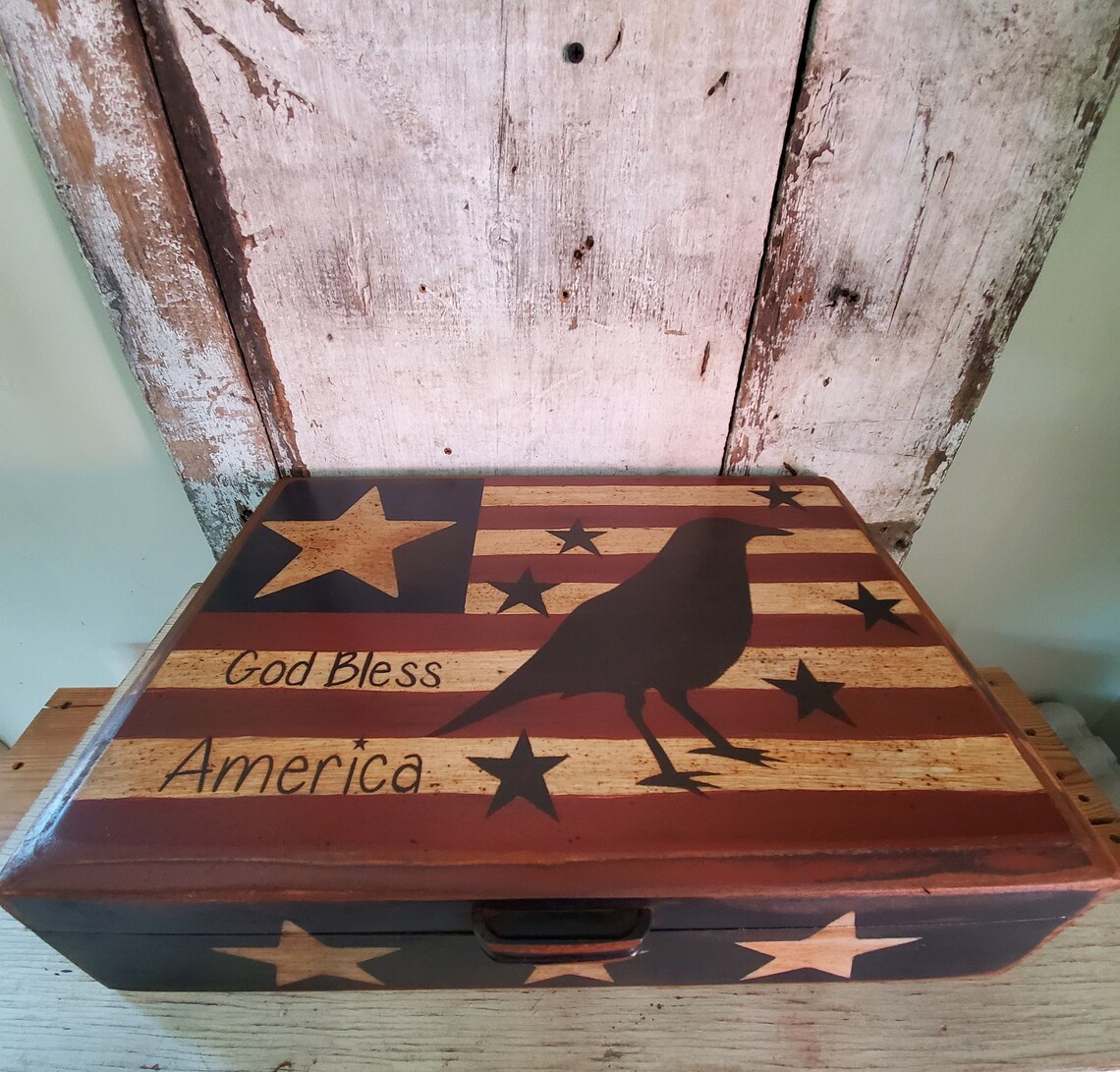 Primitive Flag Box on Vintage Silverware Box Americana Vintage | Etsy